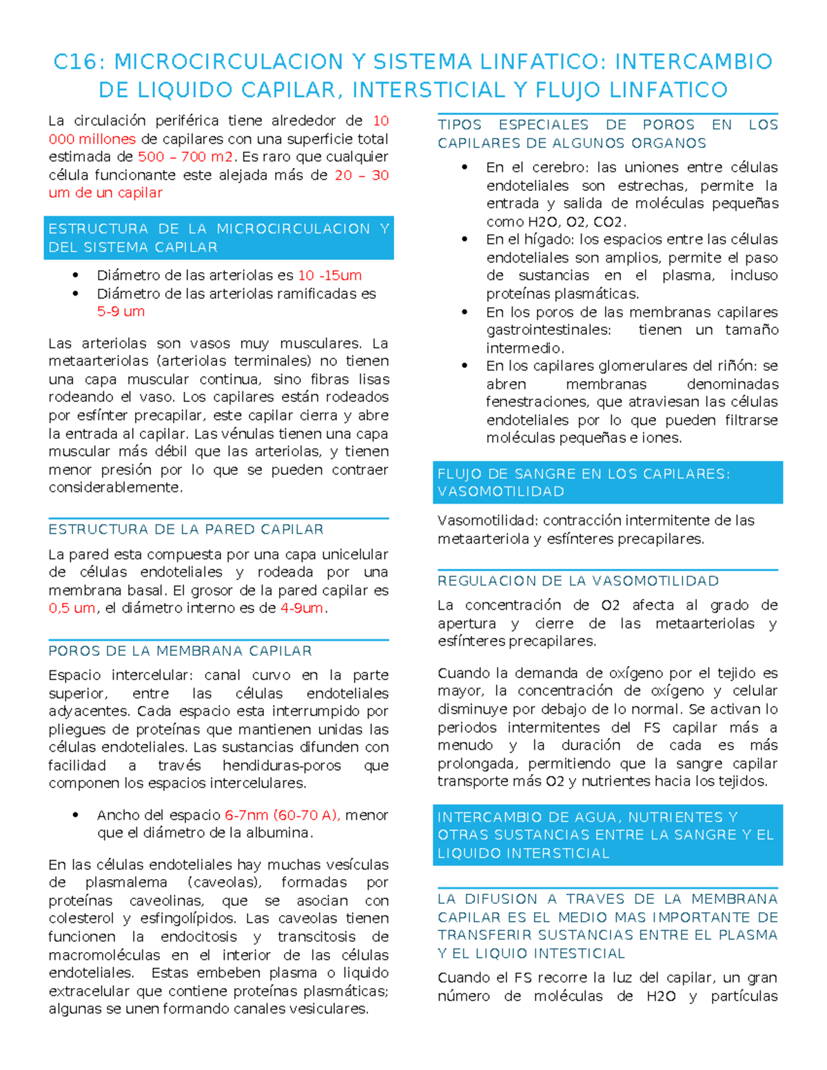 C16. Microcirculacion Y Sistema Linfatico; Intercambio DE Liquido ...