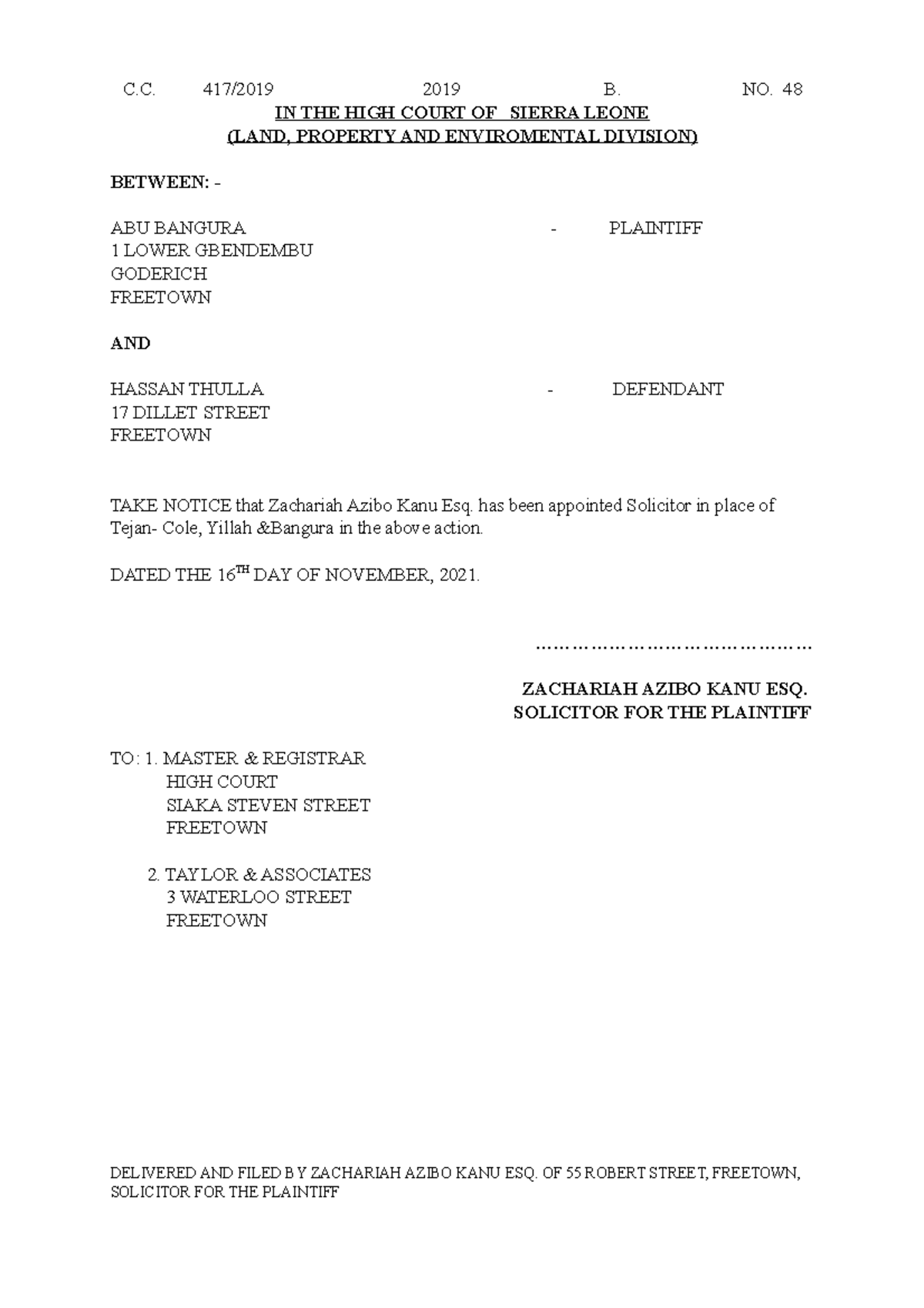 Change OF Solicitor - Lecture note - IN THE HIGH COURT OF SIERRA LEONE ...