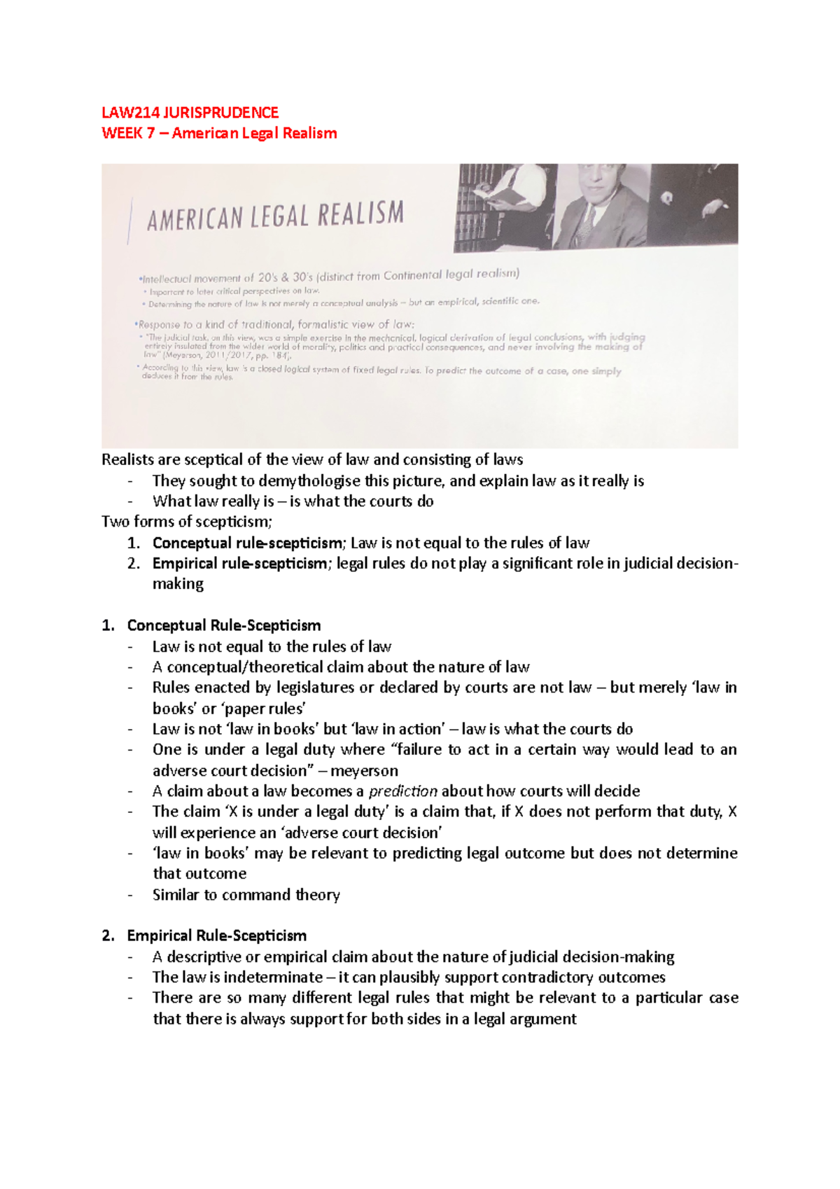 WEEK 7 - American Legal Realism - LAW214 JURISPRUDENCE WEEK 7 ...