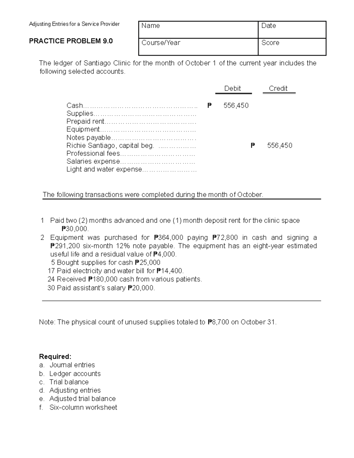 BSA0 1 Ch06 Practice Problem 9 - PRACTICE PROBLEM 9. The ledger of Santiago Clinic for the month ...