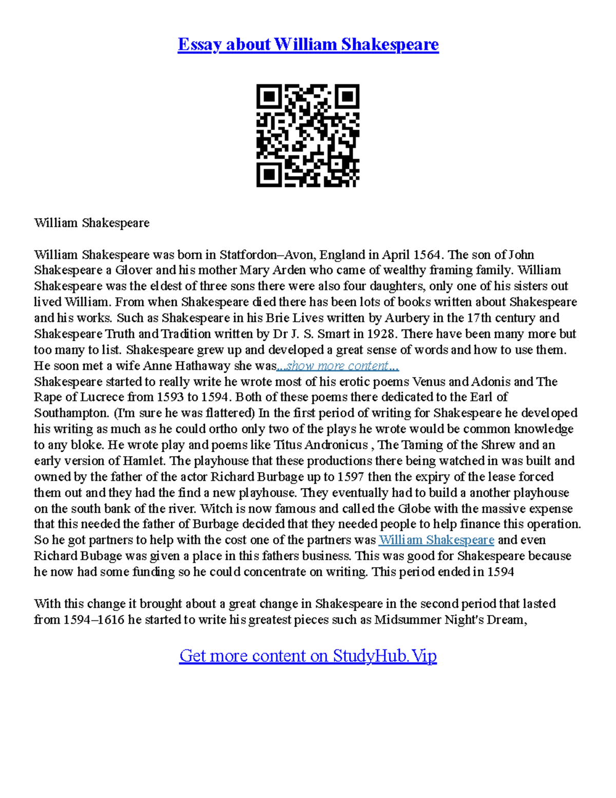 William Shakespeare Biography Essay - Essay about William Shakespeare ...