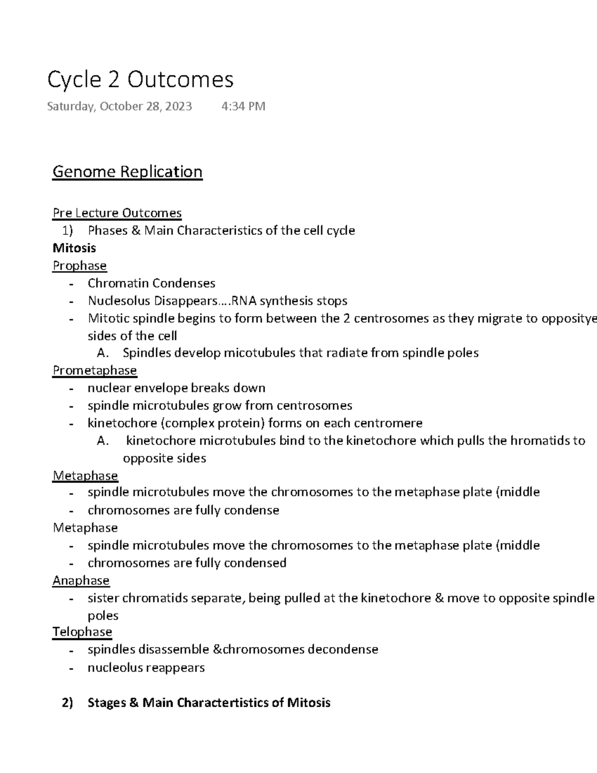 Cycle 2 Outcomes - Genome Replication Pre Lecture Outcomes Phases ...
