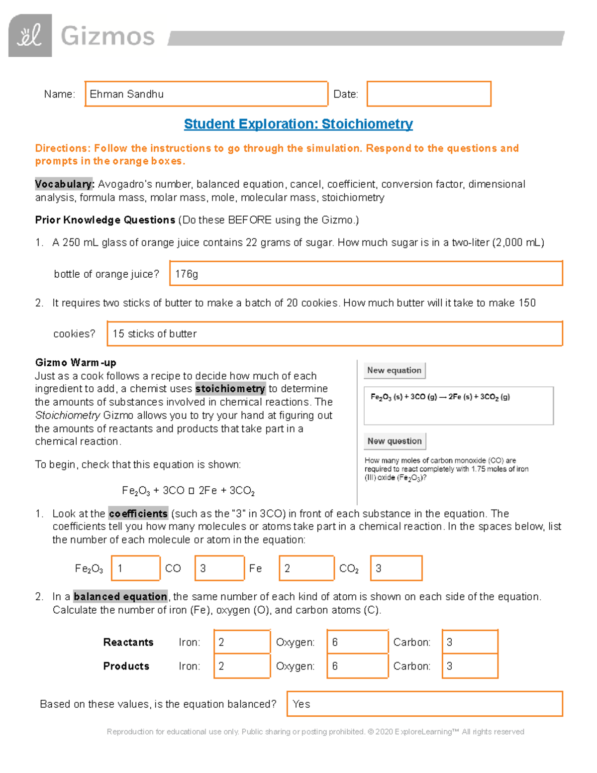 Stoichiometry gizmo - Name: Ehman Sandhu Date: Student Exploration ...