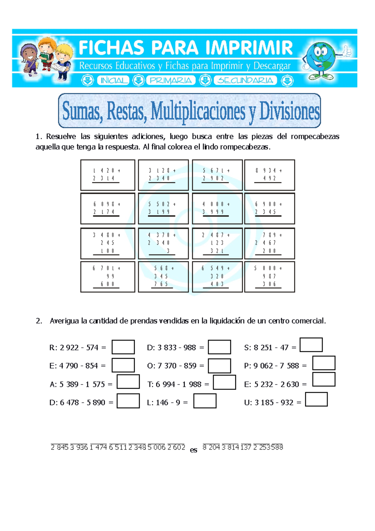 Ficha Sumas Restas Multiplicaciones y Divisiones para Cuarto de ...