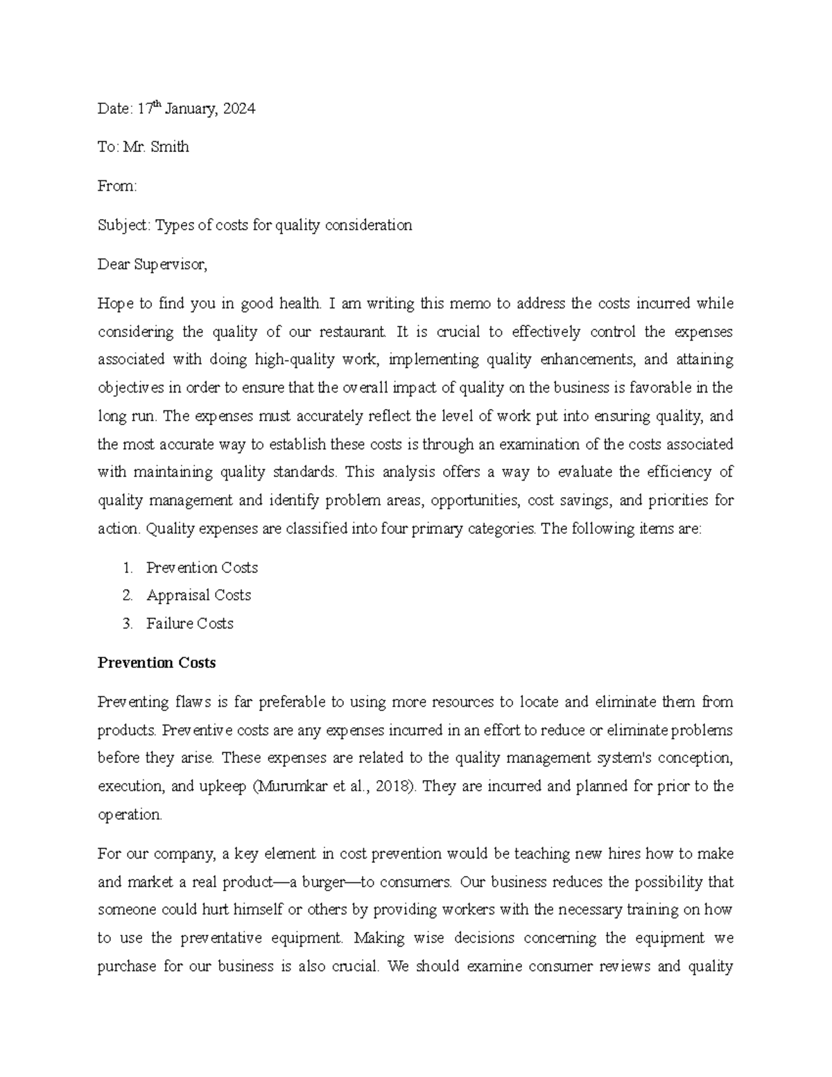 Bus. Management Tasks- Memo- task 1 - Date: 17th January, 2024 To: Mr ...