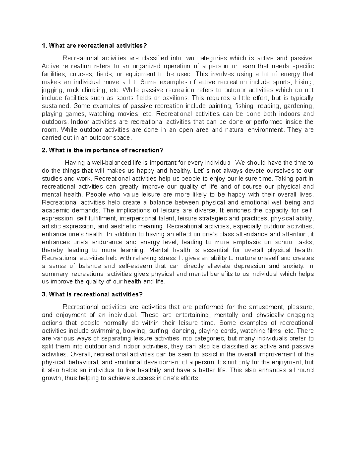 Recreational Activities - 1. What are recreational activities ...