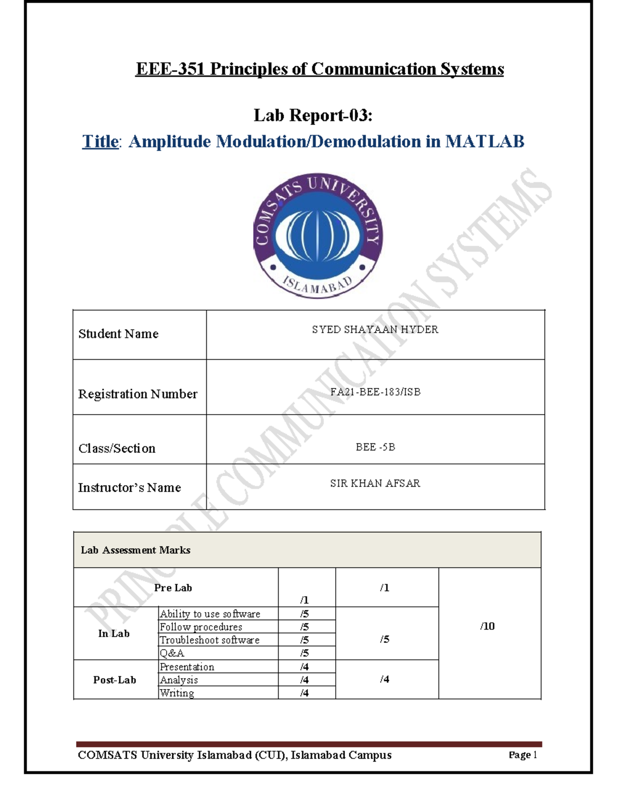 FA23 PCS Lab 03 - lab 3 - COMSATS University Islamabad (CUI), Islamabad ...