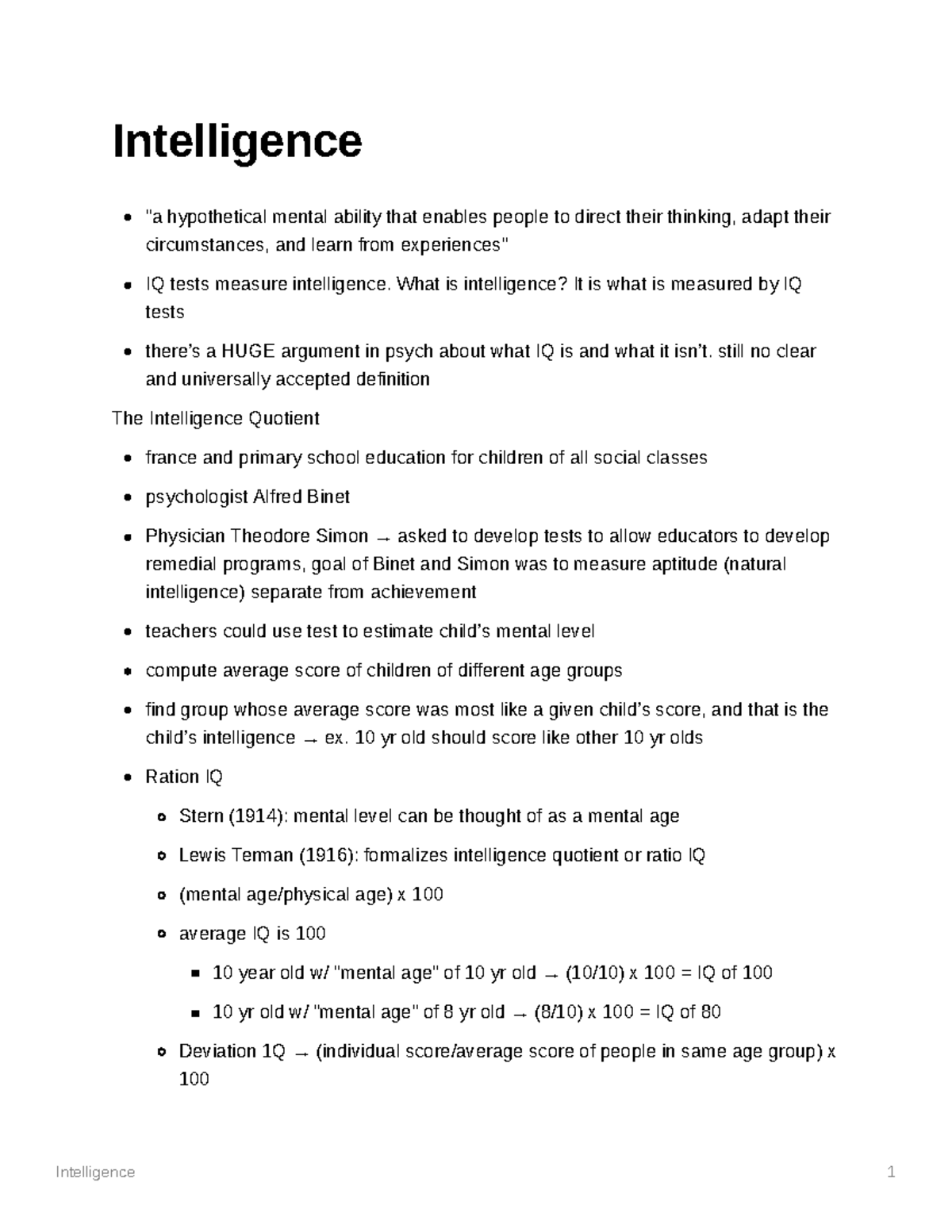 Intelligence - lecture notes from introduction to psychology with ...
