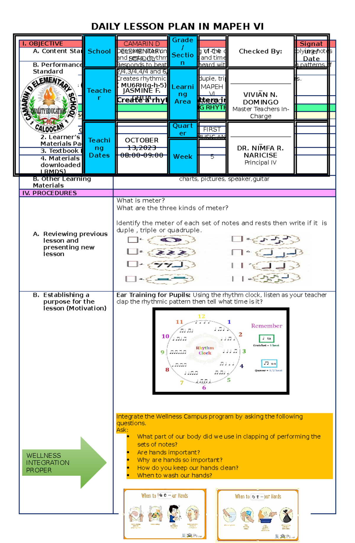 Music Q1W5-COT Wellness Integration - DAILY LESSON PLAN IN MAPEH VI I ...
