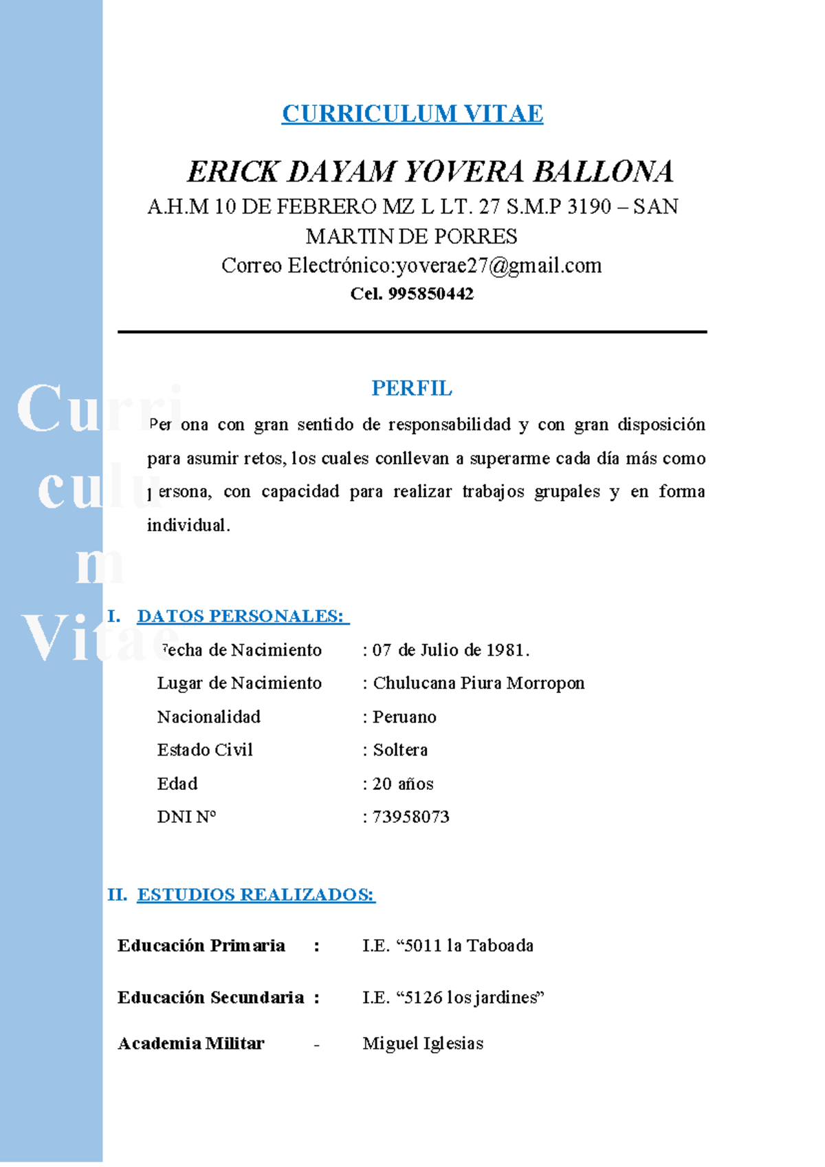 Curriculum Vitae ELY digitacion - CURRICULUM VITAE ERICK DAYAM YOVERA BALLONA A.H 10 DE FEBRERO ...