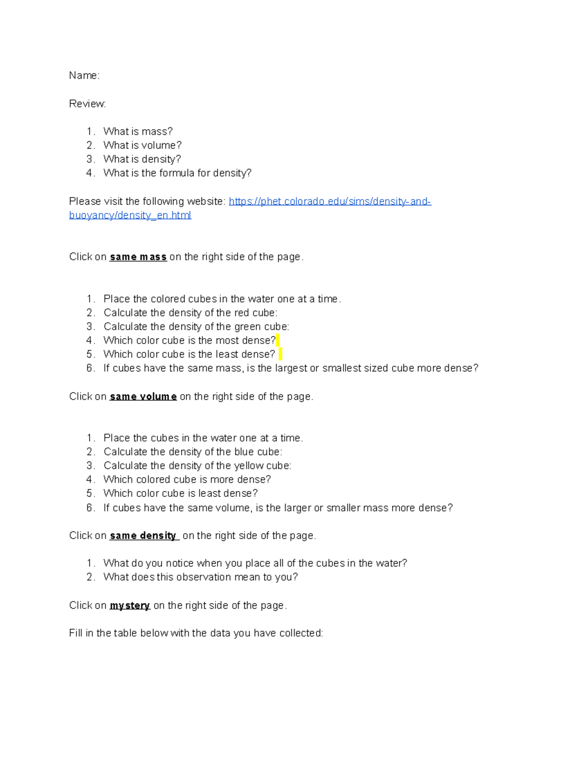 Density Lab-Virtual Simulation with Different Volumes and Mass - Name ...
