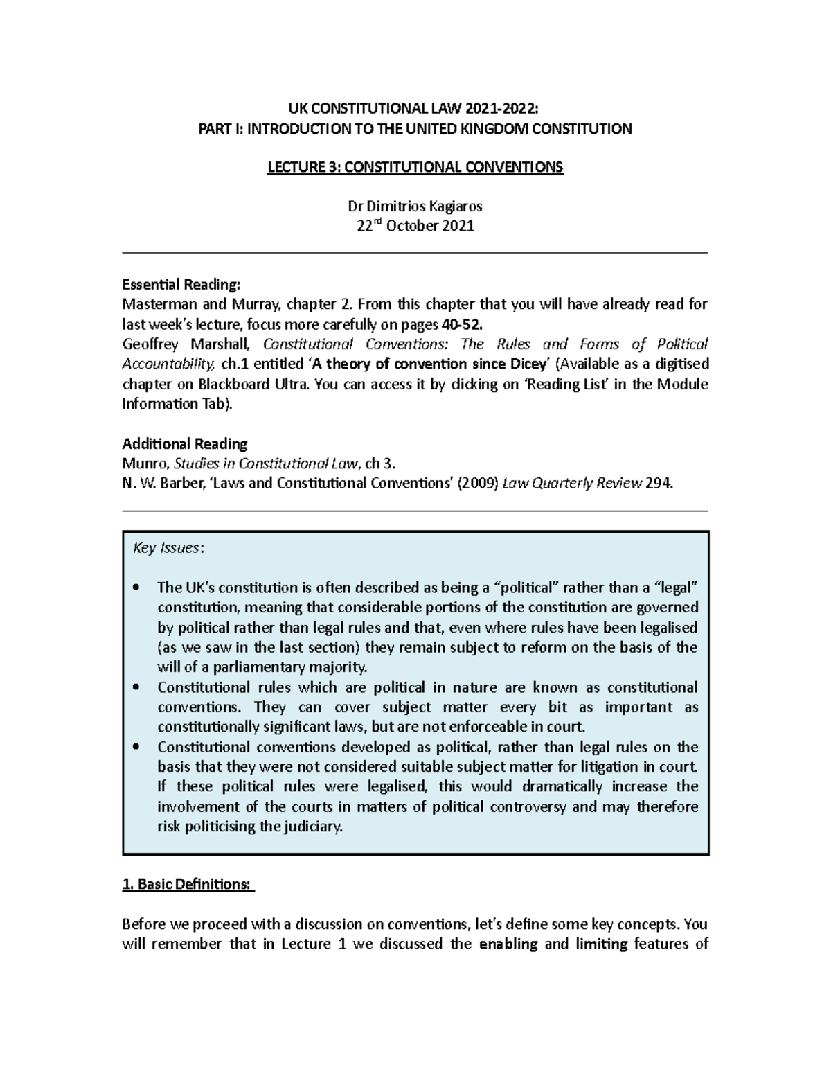 Lecture 3 - Conventions 2 - UK CONSTITUTIONAL LAW 2021-2022: PART I ...