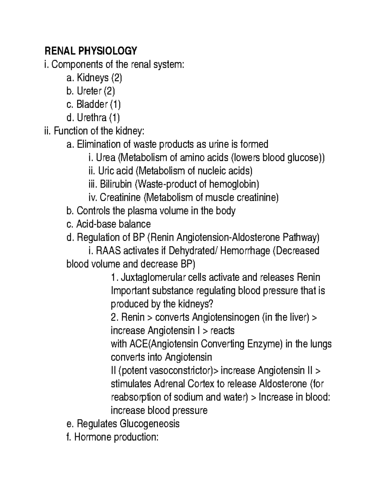 Renal Physiology - Lecture notes 1 - RENAL PHYSIOLOGY i. Components of ...