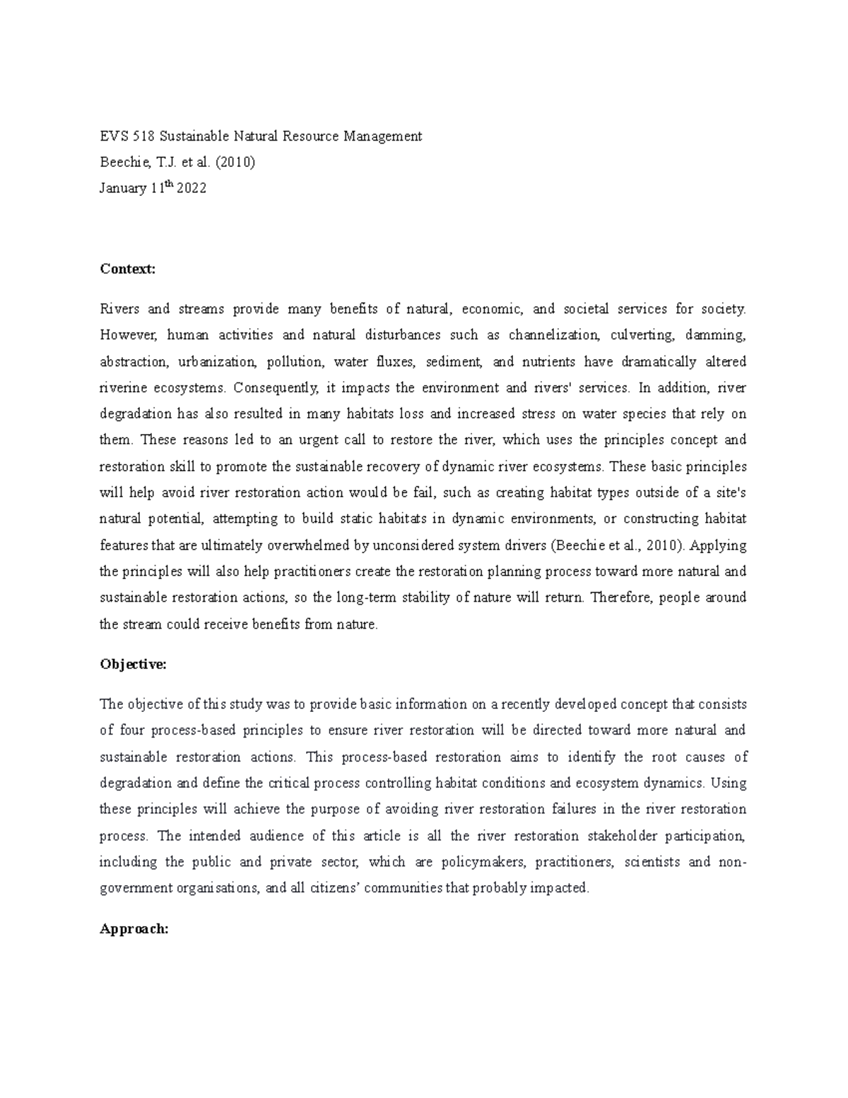 Reading Summary Beechie - EVS 518 Sustainable Natural Resource ...