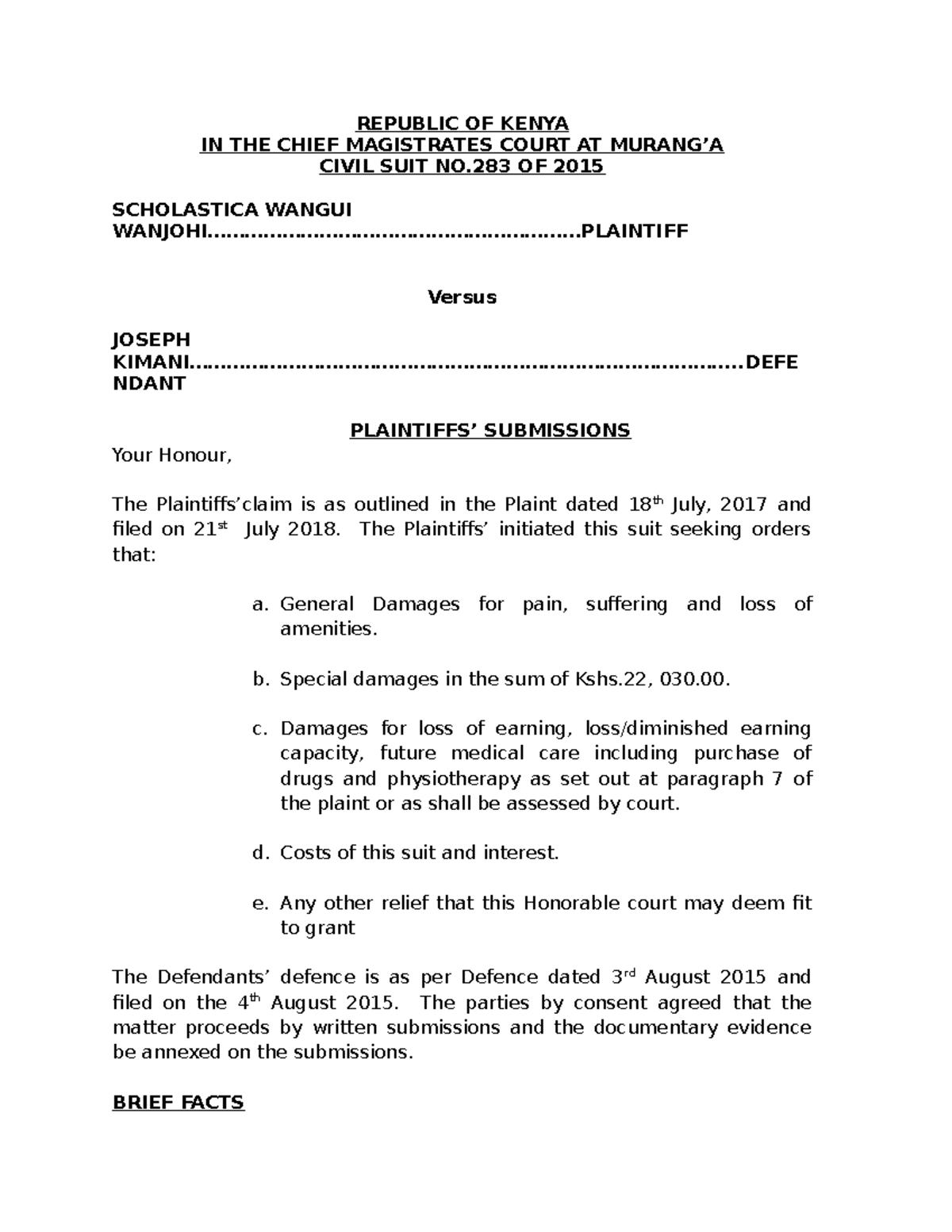 Running DOWN Submissions - REPUBLIC OF KENYA IN THE CHIEF MAGISTRATES ...