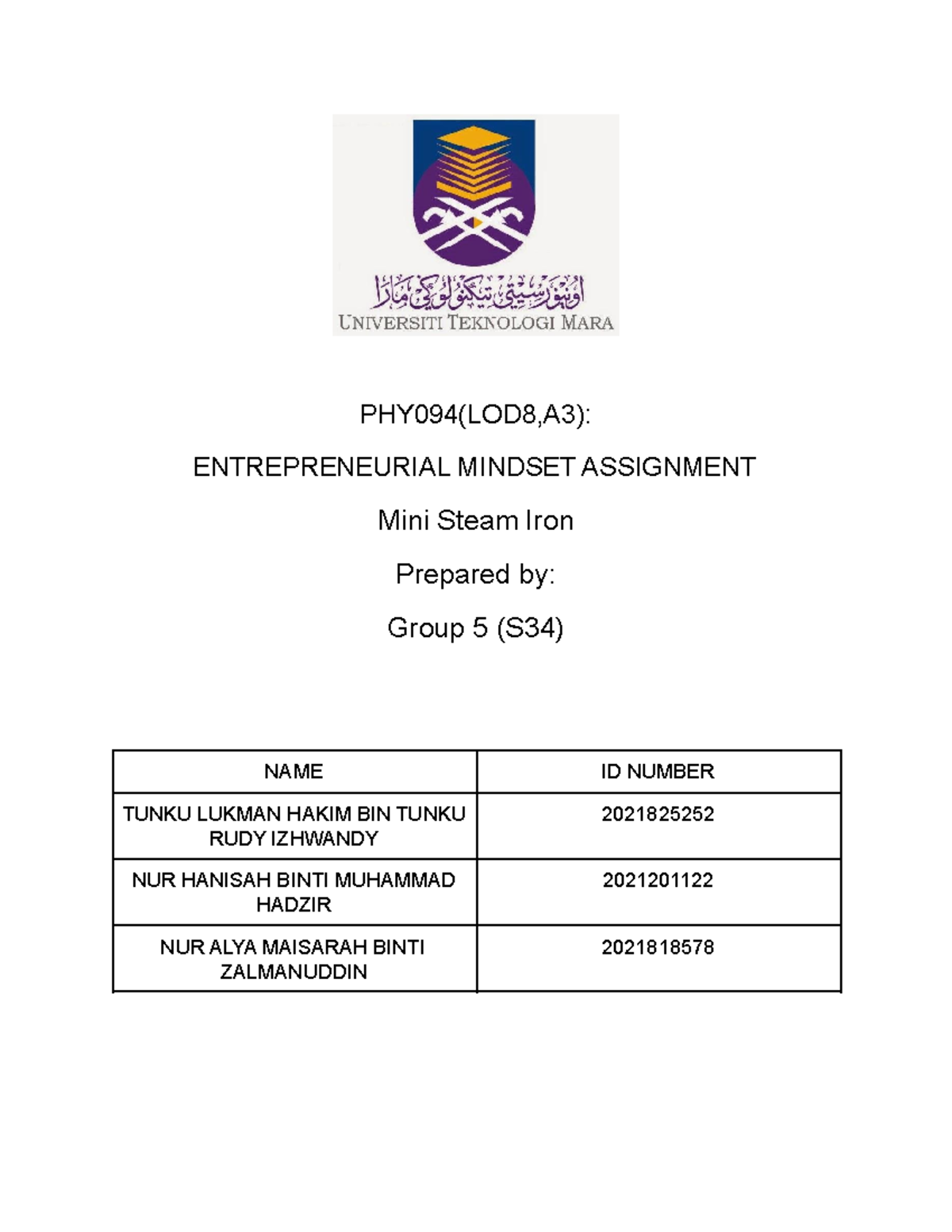 5.PHY094 Entrepreneurial Mindset Assignment(Group 5-S34) - PHY094(LOD8,A3): ENTREPRENEURIAL ...