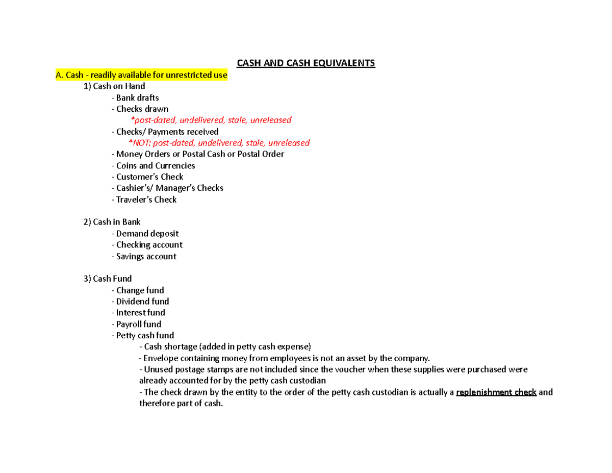 Accounting ASSET - CASH AND CASH EQUIVALENTS A. Cash - readily ...