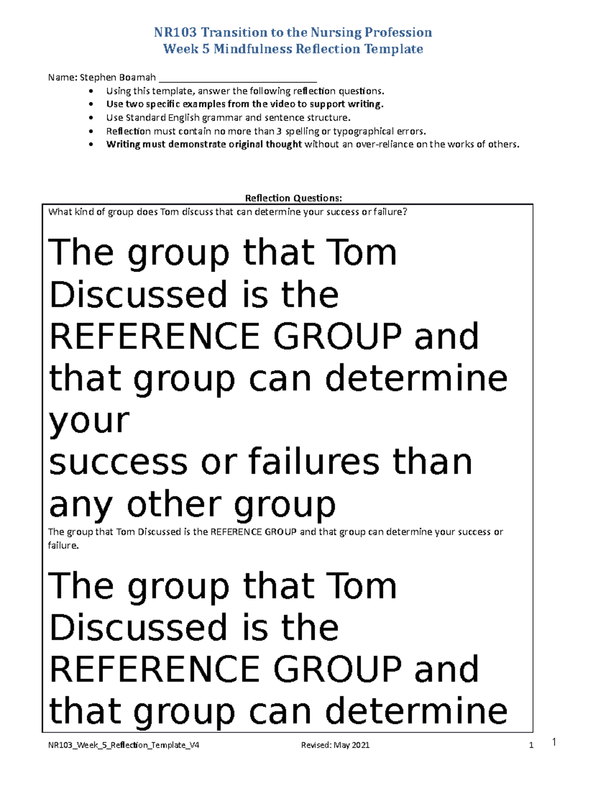 NR103 Week5 Reflection Template May2021 - NR103 Transition to the ...