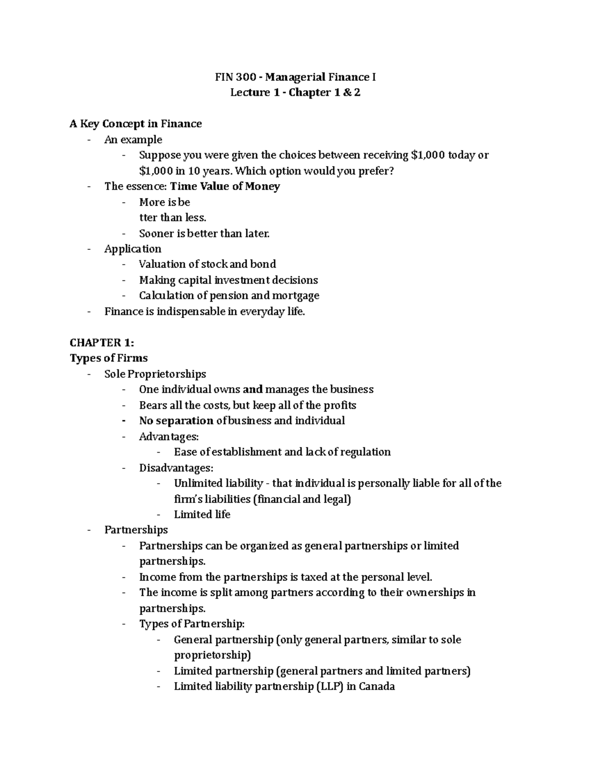FIN 300 - Lecture 1 Notes - FIN 300 - Managerial Finance I Lecture 1 ...