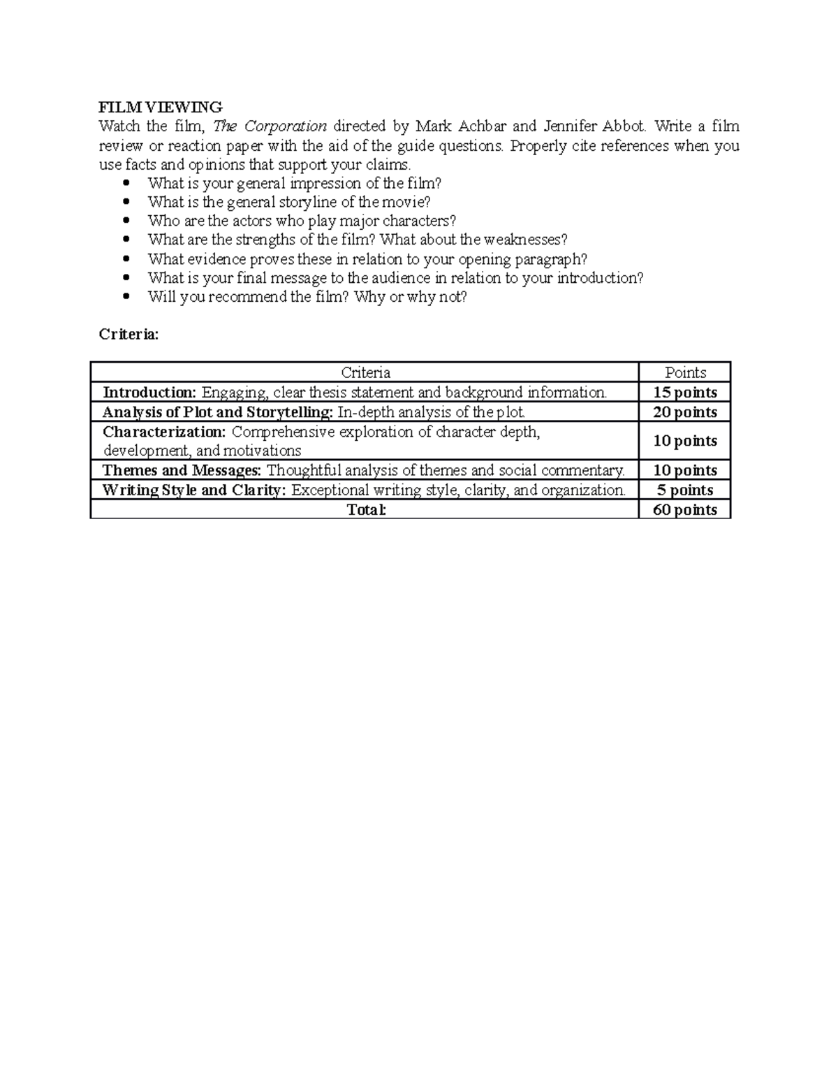 Activity TCWD Week 3 - FILM VIEWING Watch the film, The Corporation ...