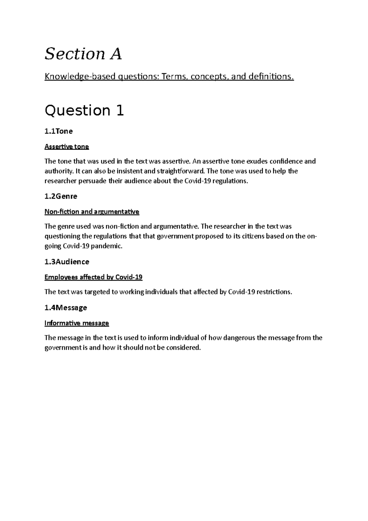 Assignment - Section A Knowledge-based questions: Terms, concepts, and ...