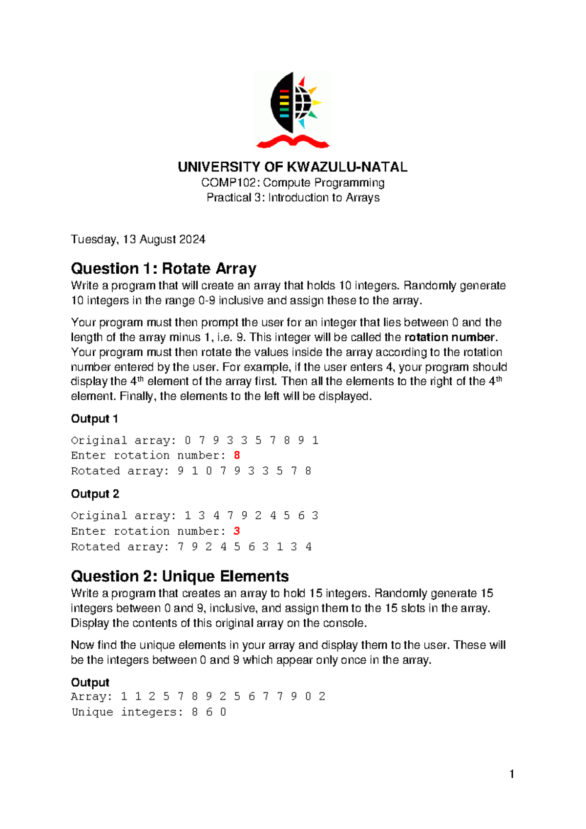 Practical 3 - Introduction to Arrays - 1 UNIVERSITY OF KWAZULU-NATAL ...