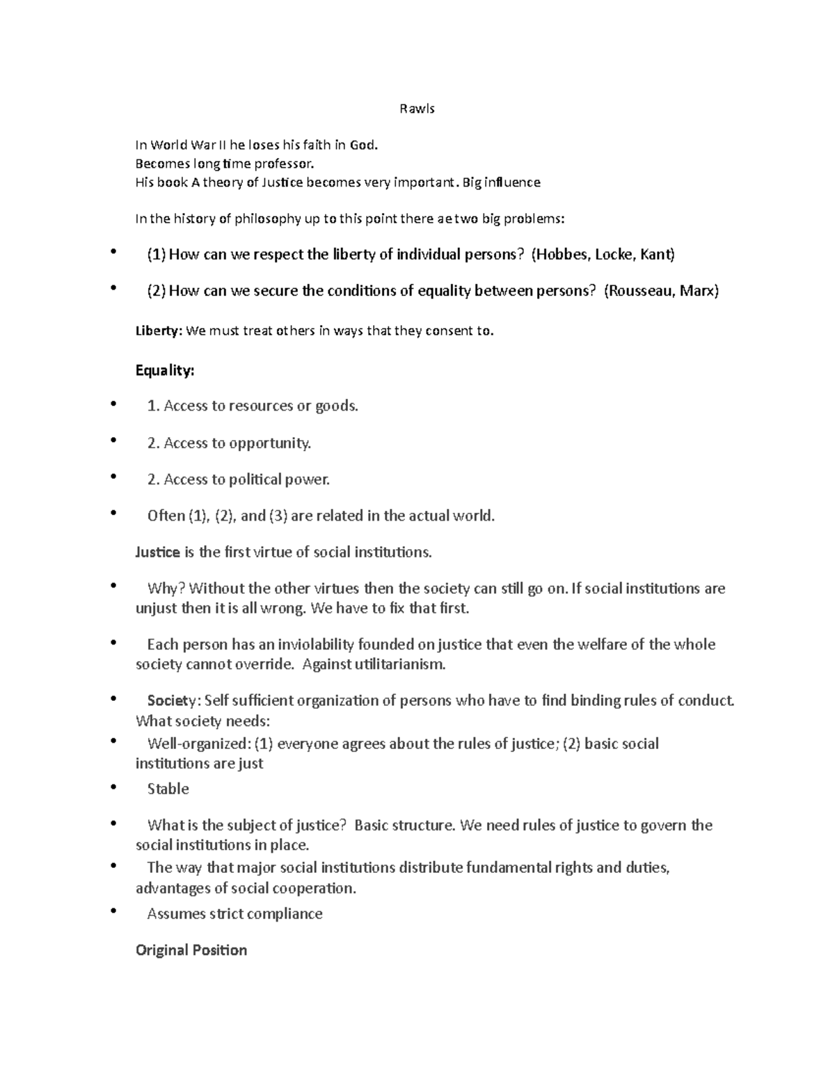 Rawls - Lecture notes 24-26 - Rawls In World War II he loses his faith ...