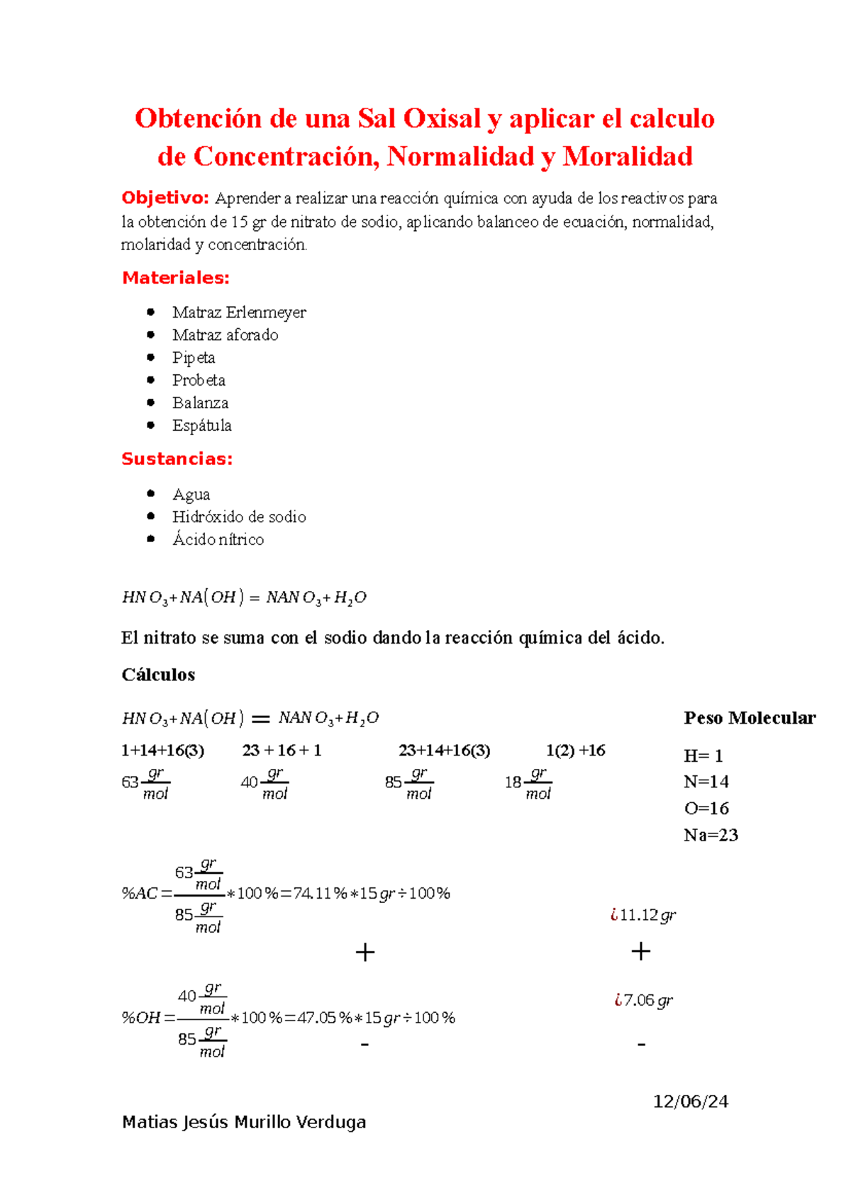 Quimica - awea - Obtención de una Sal Oxisal y aplicar el calculo de ...