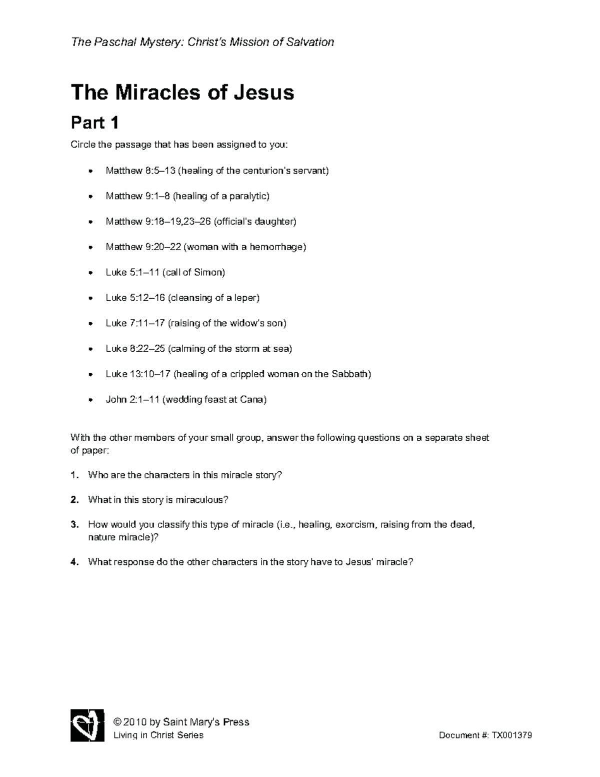 TX001379 2-Handout-I-The Miracles of Jesus - The Paschal Mystery ...
