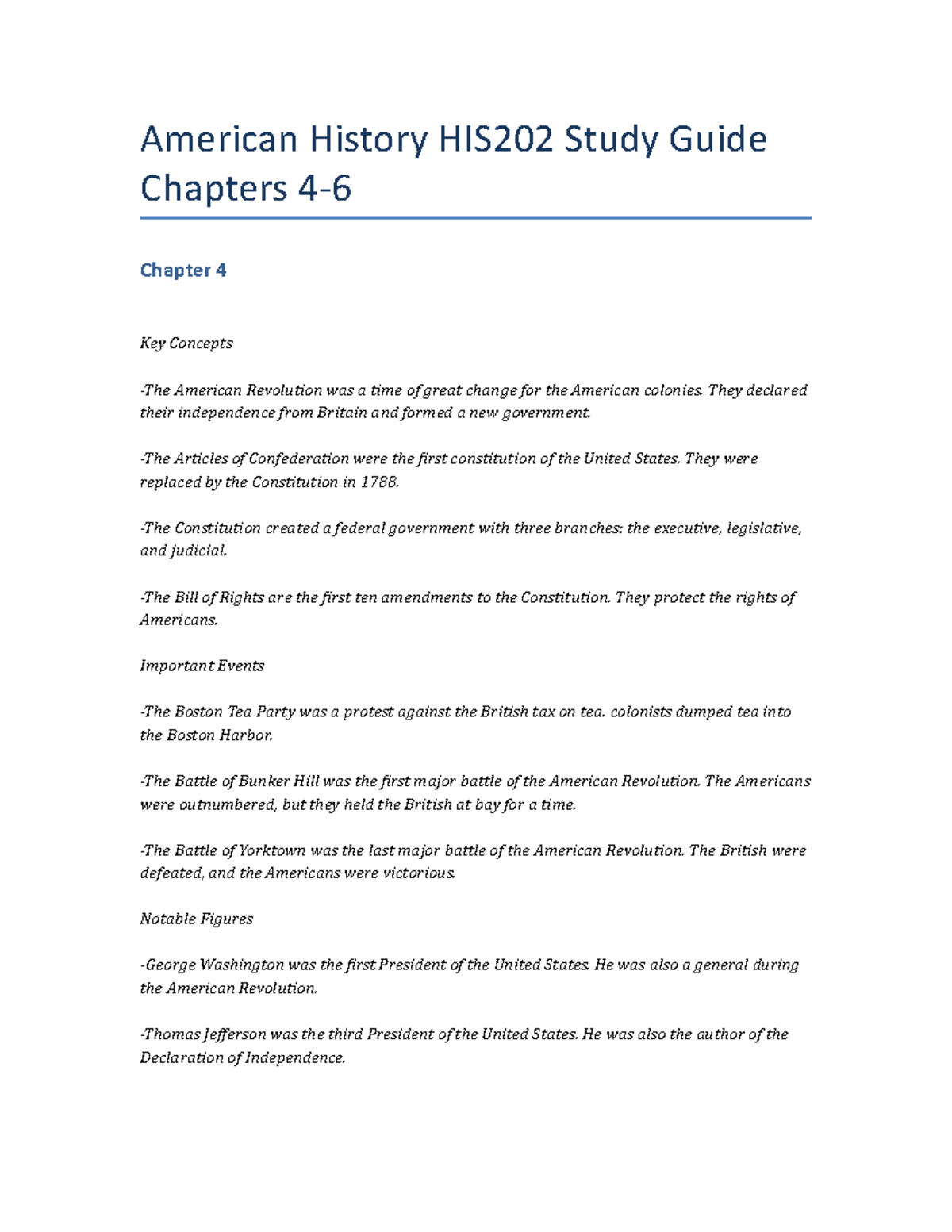 American History HIS202 Study Guide Chapters 4-6 - American History ...