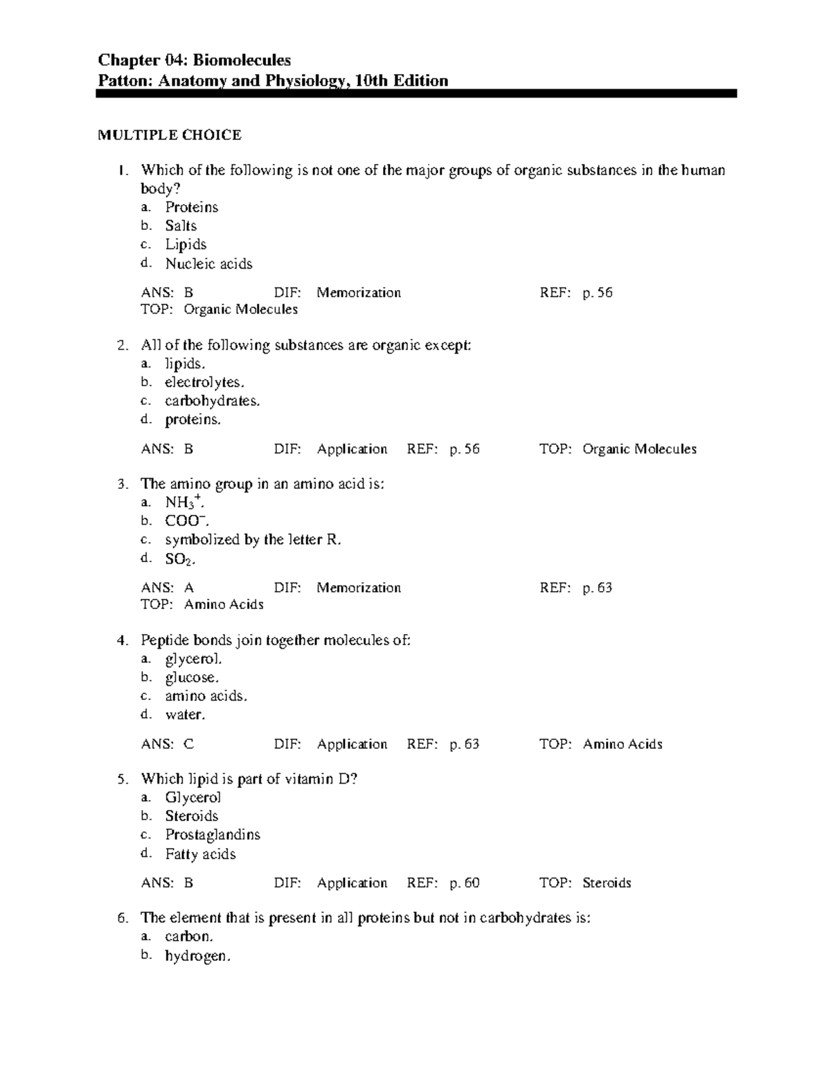 Chapter 4 - Chap 4 - Chapter 04: Biomolecules Patton: Anatomy and ...