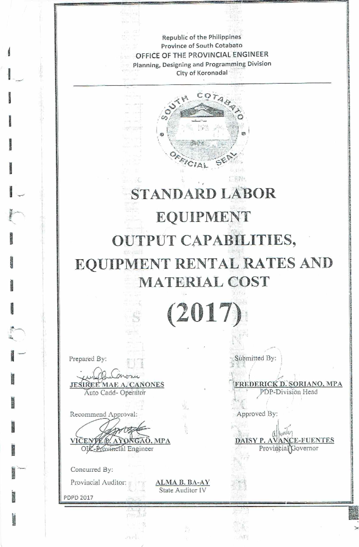 Standard Labor, Equipment Output Capabilitiers, Equipment Rental Rates ...