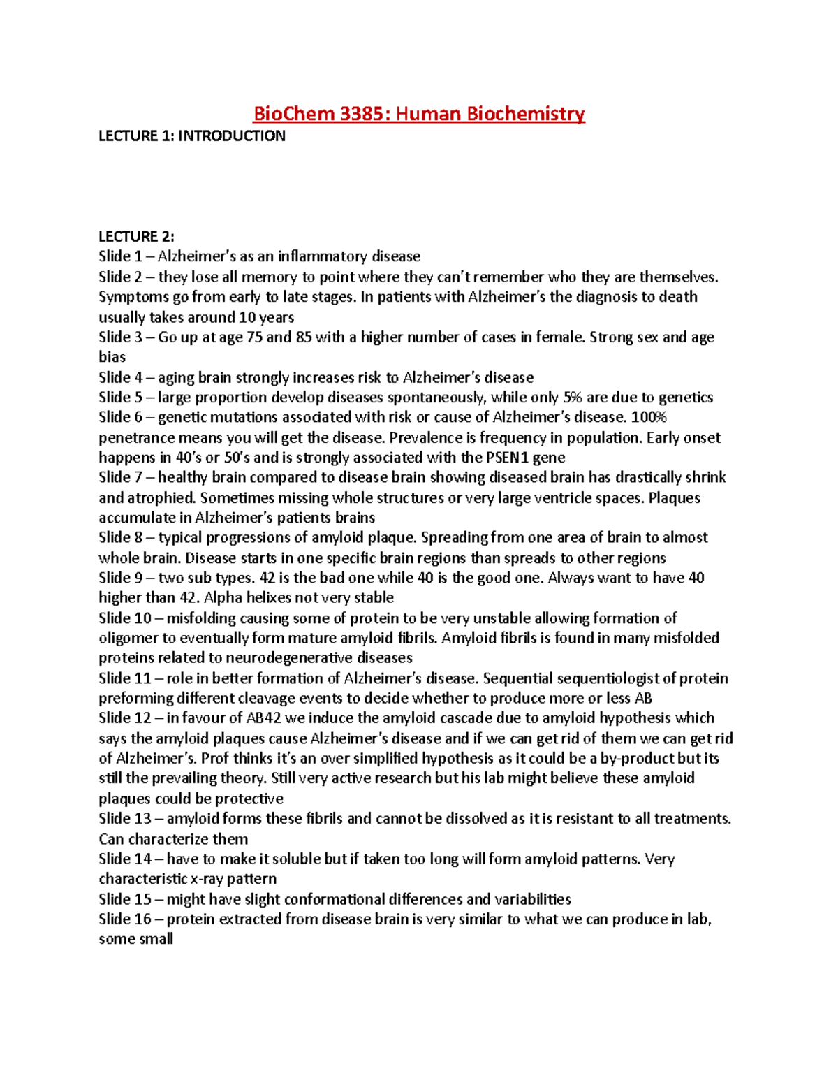 Bio Chem 3385 rough notes - BioChem 3385: Human Biochemistry LECTURE 1 ...