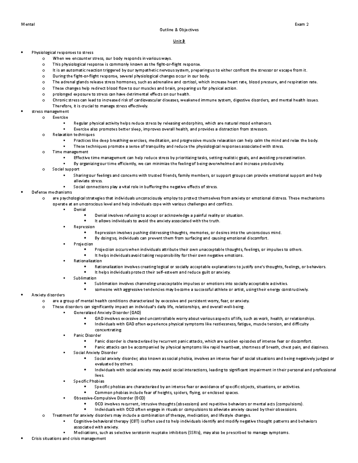 Mental unit 3 obj - Mental Exam 2 Outline & Objectives Unit 3 Physiological responses to - Studocu