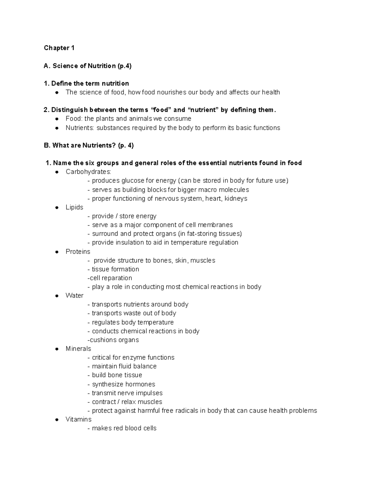 SPSC 1192 Nutrition - notes - Chapter 1 A. Science of Nutrition (p ...