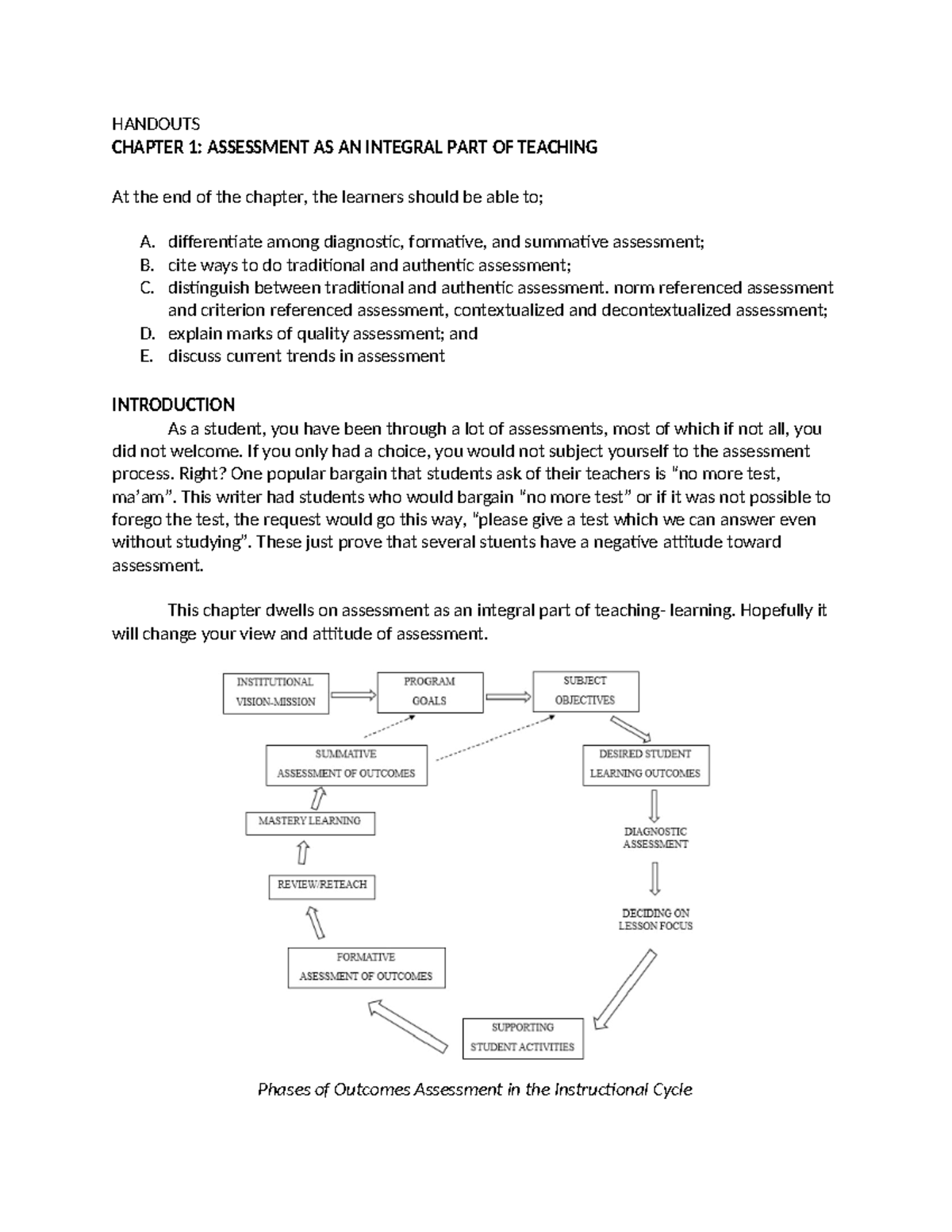 EDUC5a(Chapter 1-Handouts) - HANDOUTS CHAPTER 1: ASSESSMENT AS AN INTEGRAL PART OF TEACHING At ...