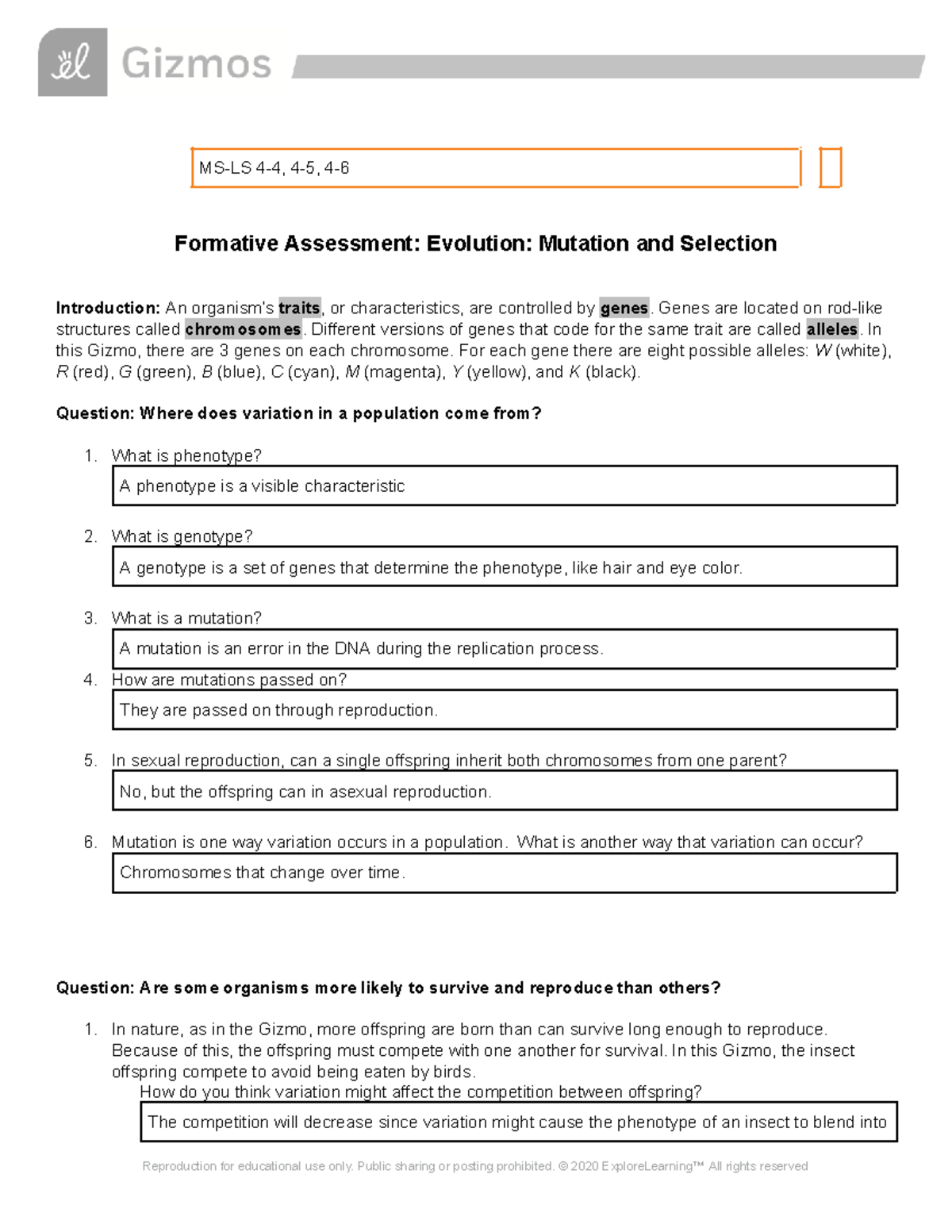 Copy of Form. Asses. Evol Mutat Gizmo - MS-LS 4-4, 4-5, 4- Formative ...