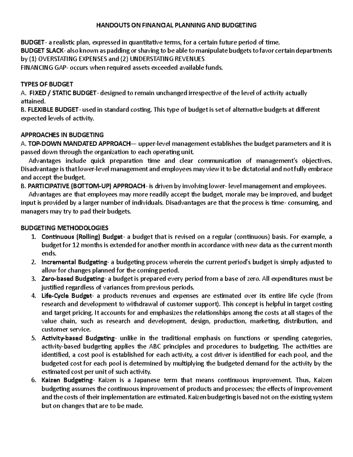 Handouts ON Financial Planning AND Budgeting - HANDOUTS ON FINANCIAL ...