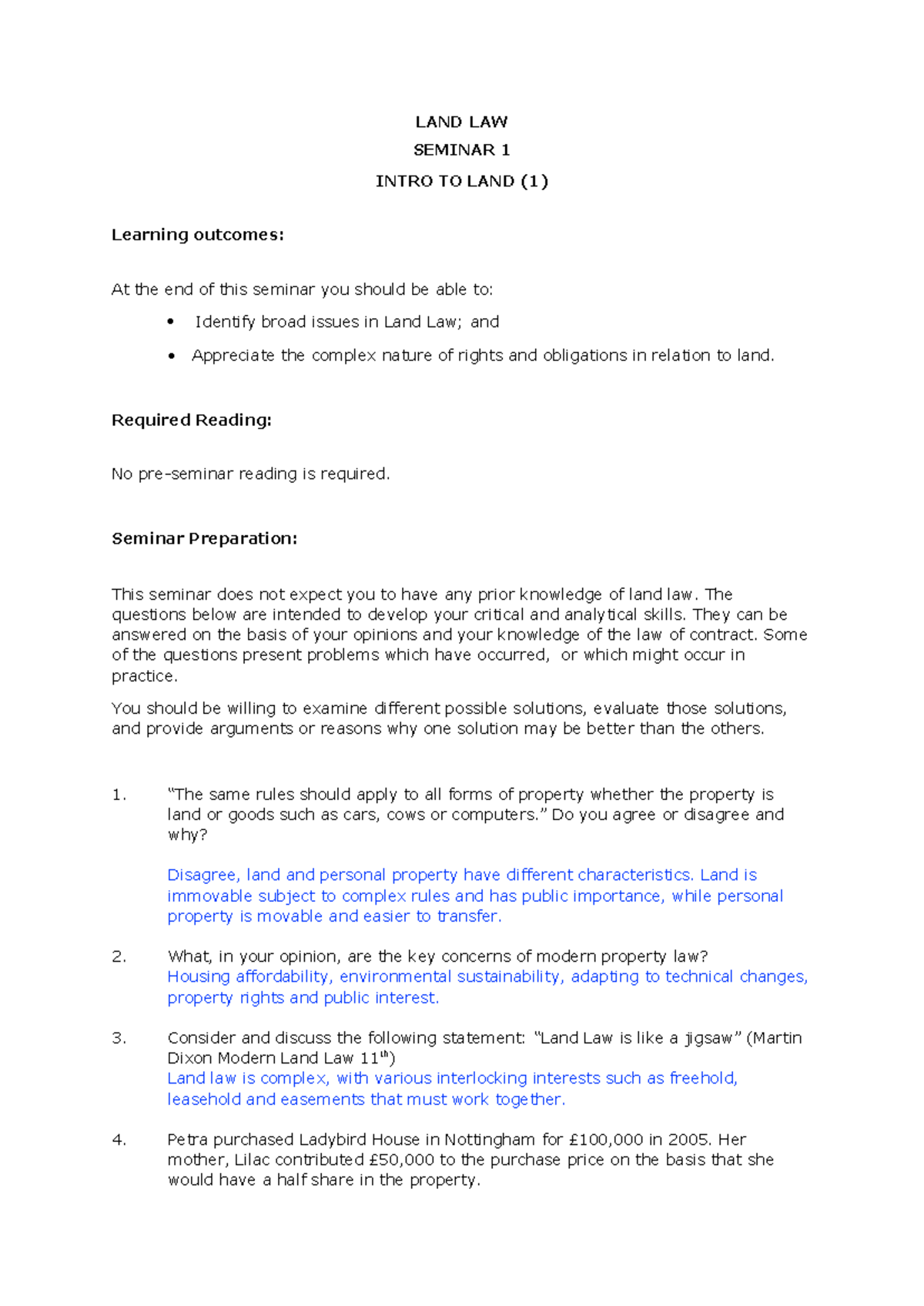 Sem1 - Intro to Land - firsr seminar - LAND LAW SEMINAR 1 INTRO TO LAND ...