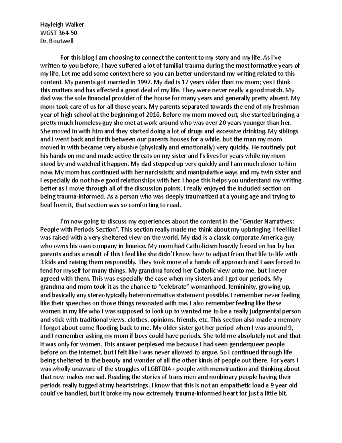 Blog 5 - Required essay - WGST 364- Dr. Boutwell For this blog I am ...