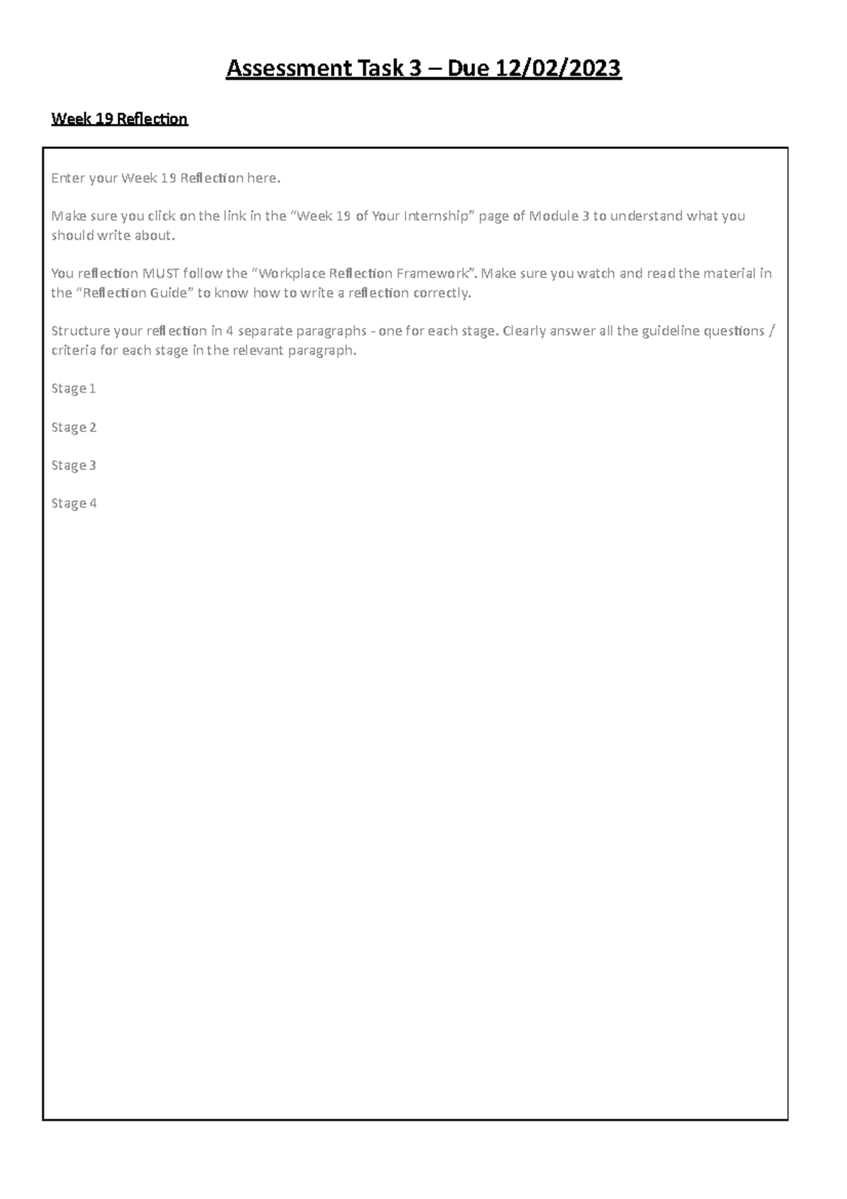 Assessment Task 3 - Has half of the info - Assessment Task 3 – Due 12/02/ Week 19 Reflection ...