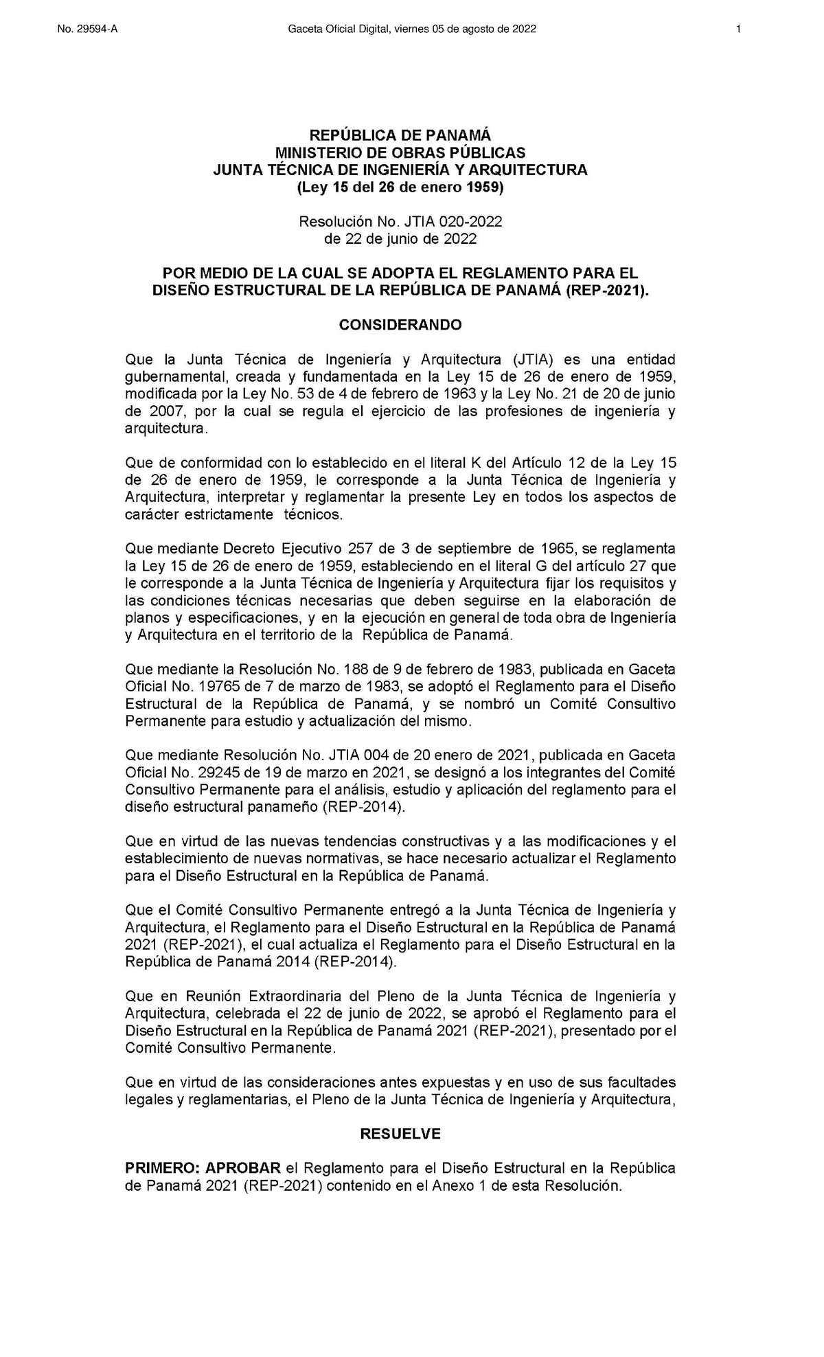 REP 2021 - Reglamento estructural panameño - Resolución No. JTIA-020-2022 de 22 de junio de 2022 ...