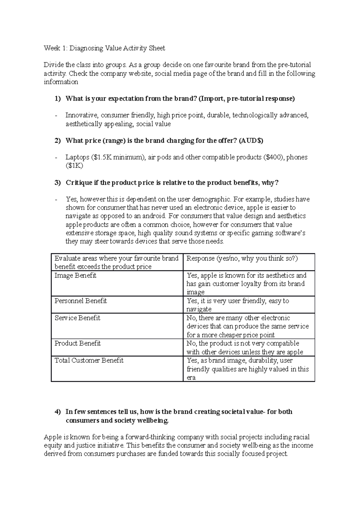 Tutorial 1 task - Week 1: Diagnosing Value Activity Sheet Divide the class into groups. As a ...