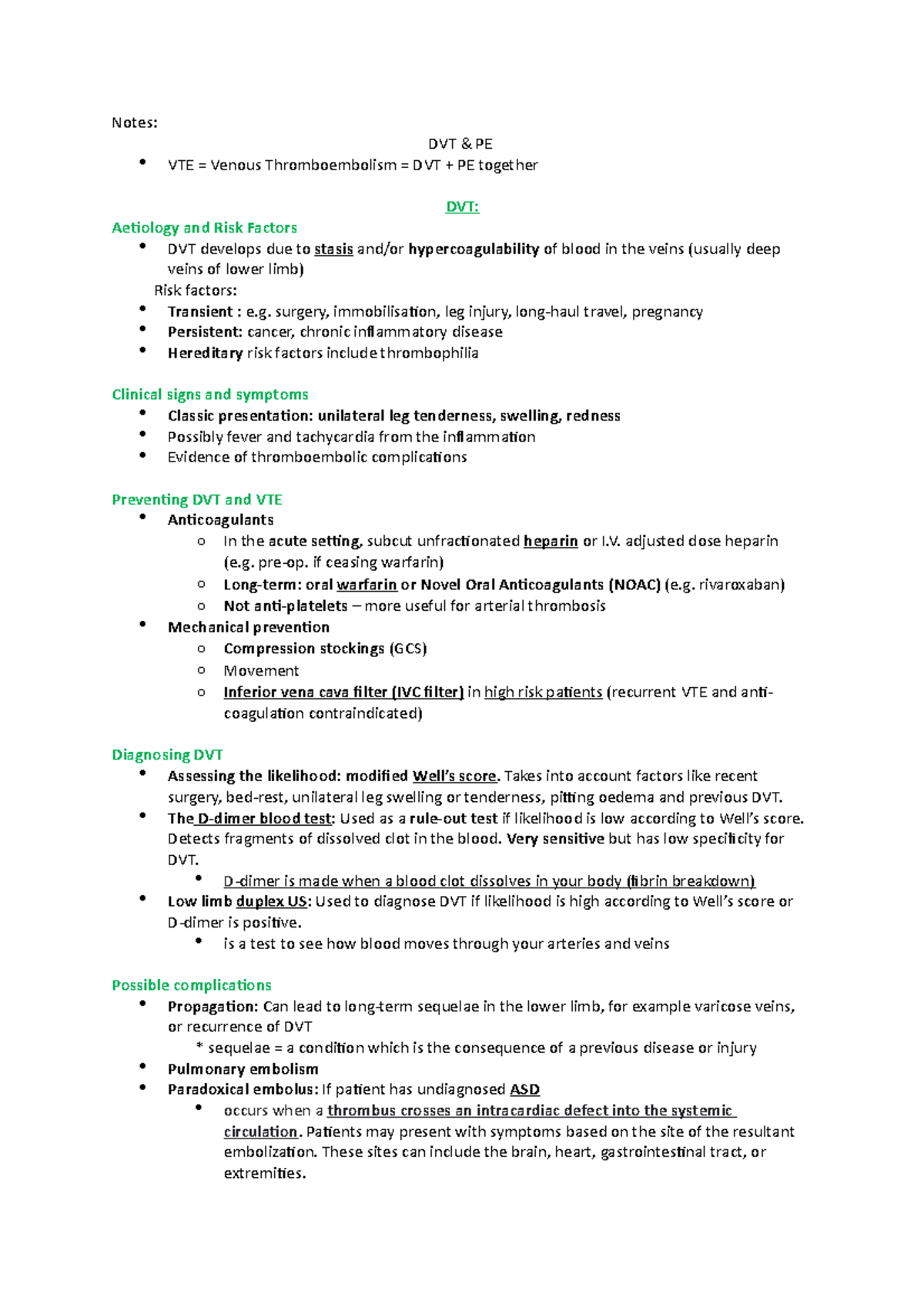 DVT and PE - Clinical science- clinical - Notes: DVT & PE VTE = Venous ...