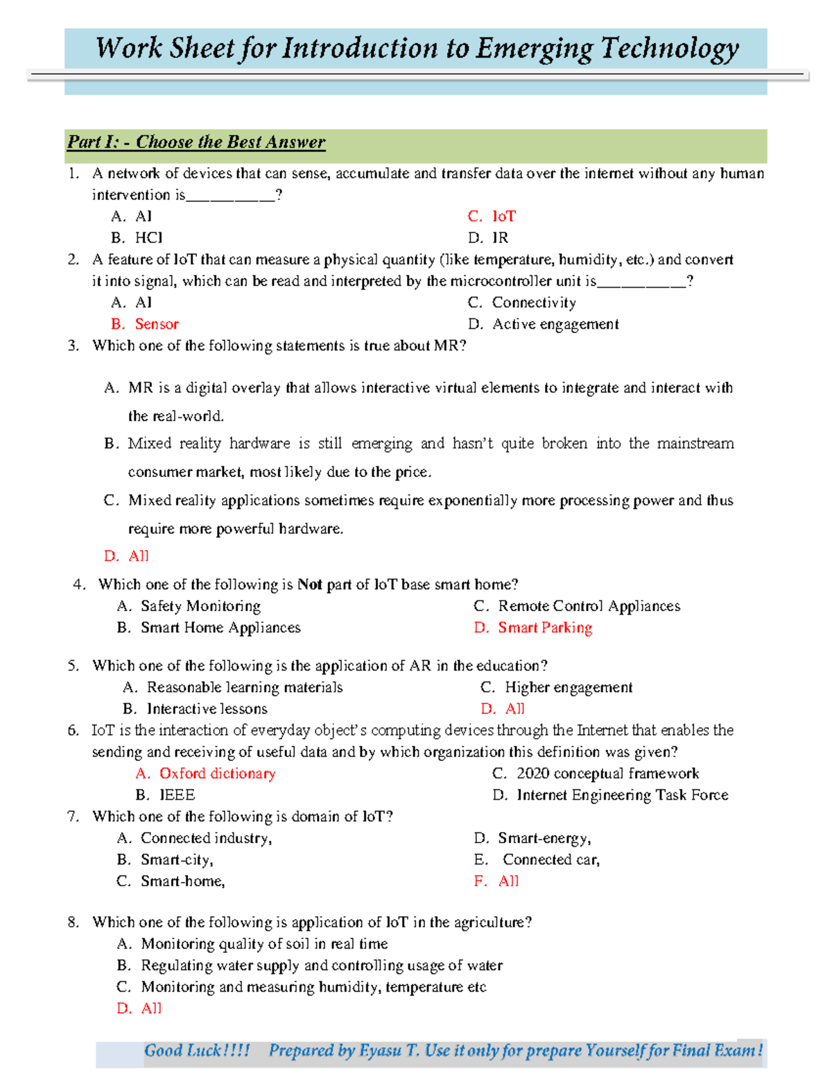 @freshmanexams.E . technology worksheet - Part I: - Choose the Best ...