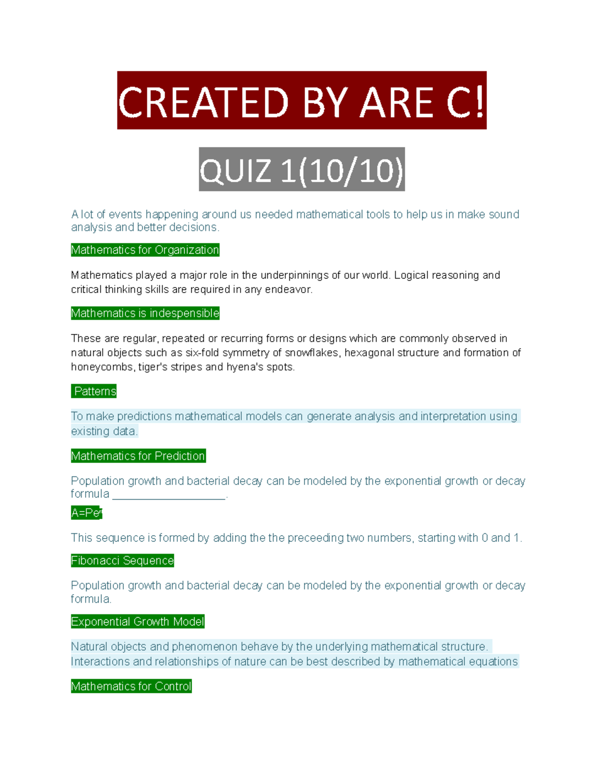 Math in the mod. world midterms.docx - CREATED BY ARE C! QUIZ 1(10/10 ...