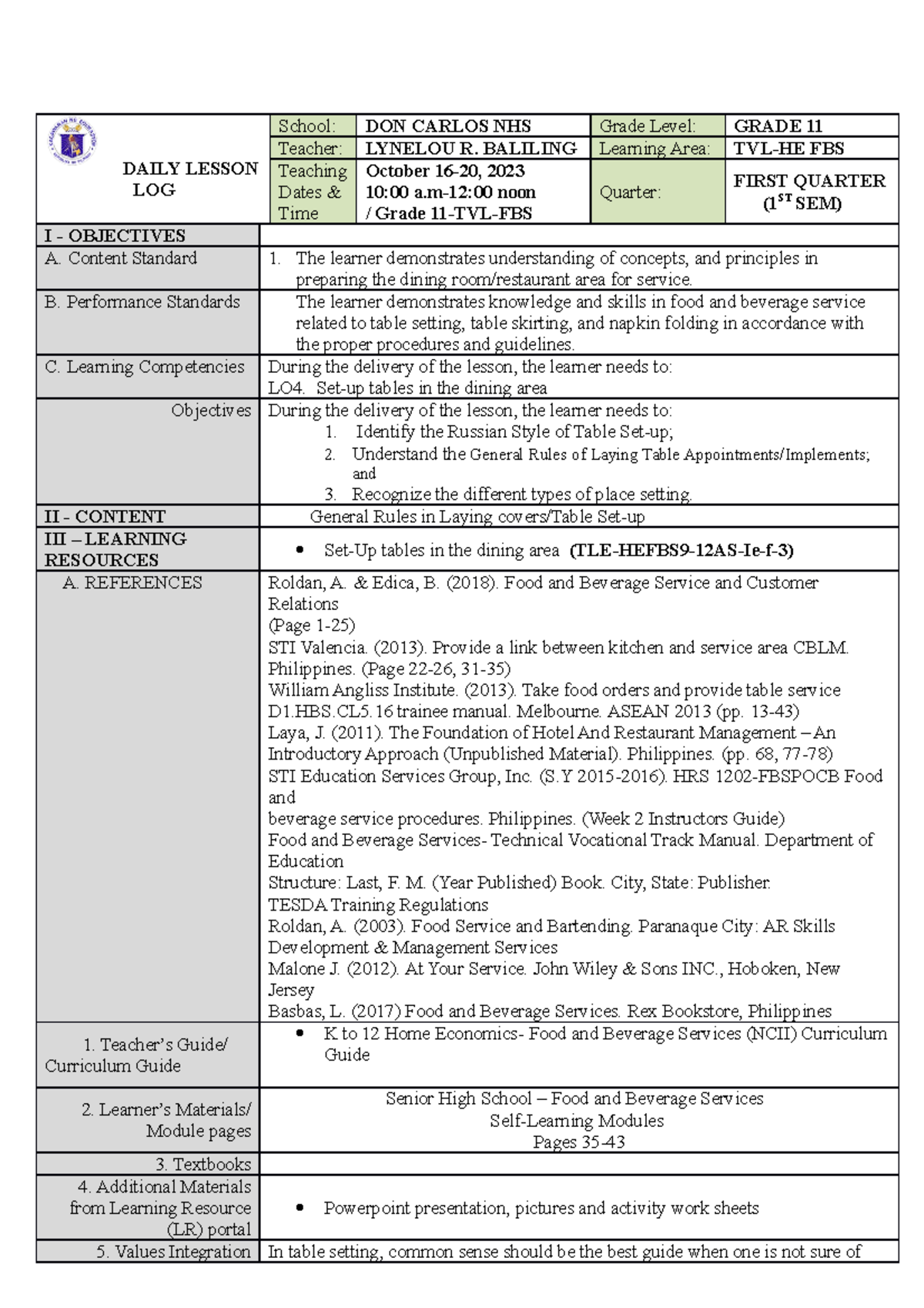DLL Quarter 1 Table SET UP - DAILY LESSON LOG School: DON CARLOS NHS ...