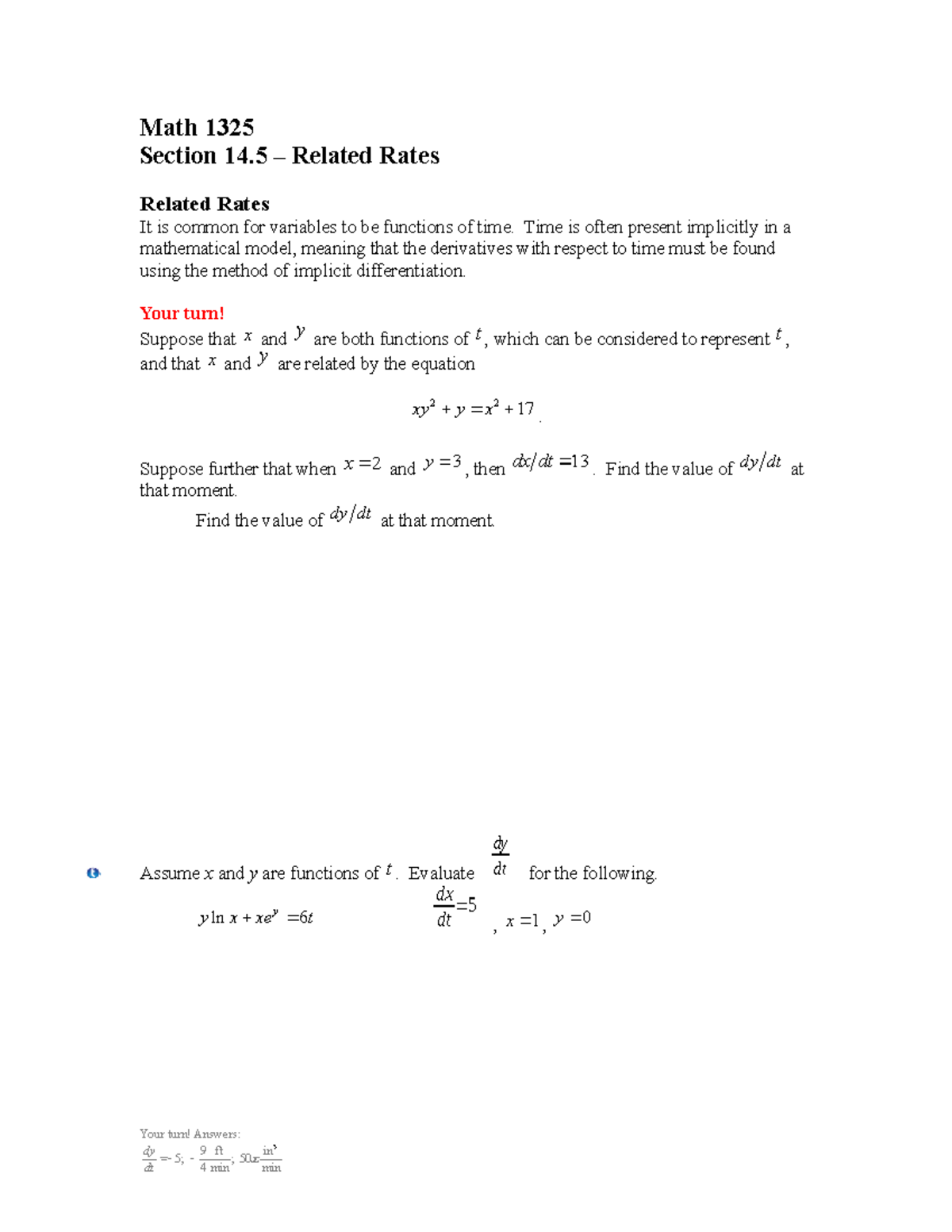 Section 14.5 - Related Rates - Math 1325 Section 14 – Related Rates ...