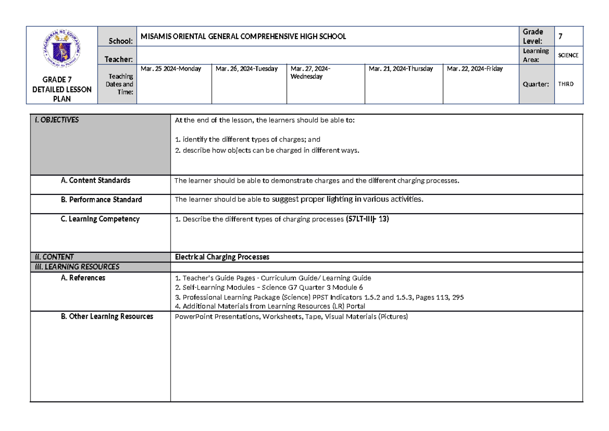 Detailed Lesson Plan - Electrical Charging Processes - GRADE 7 DETAILED ...