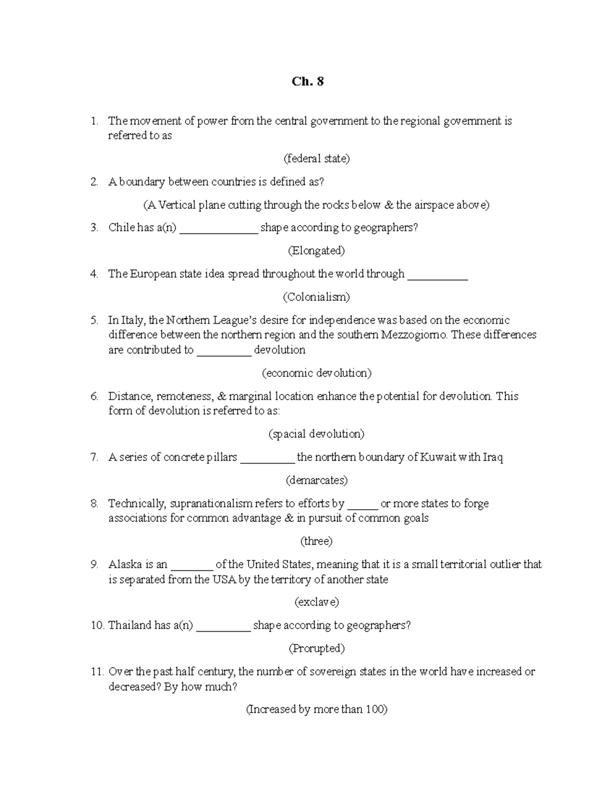 Ch. 8 GEO Study Guide - Ch. 8 1. The movement of power from the central ...